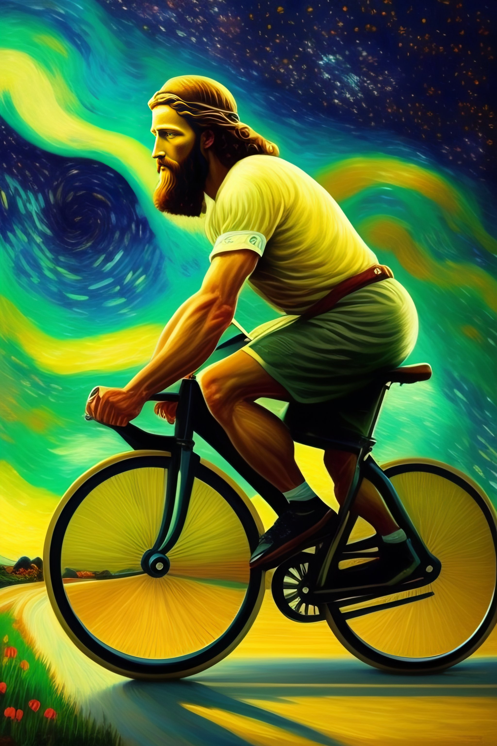 Lexica - Jesus riding a bicycle. Van gogh. centered