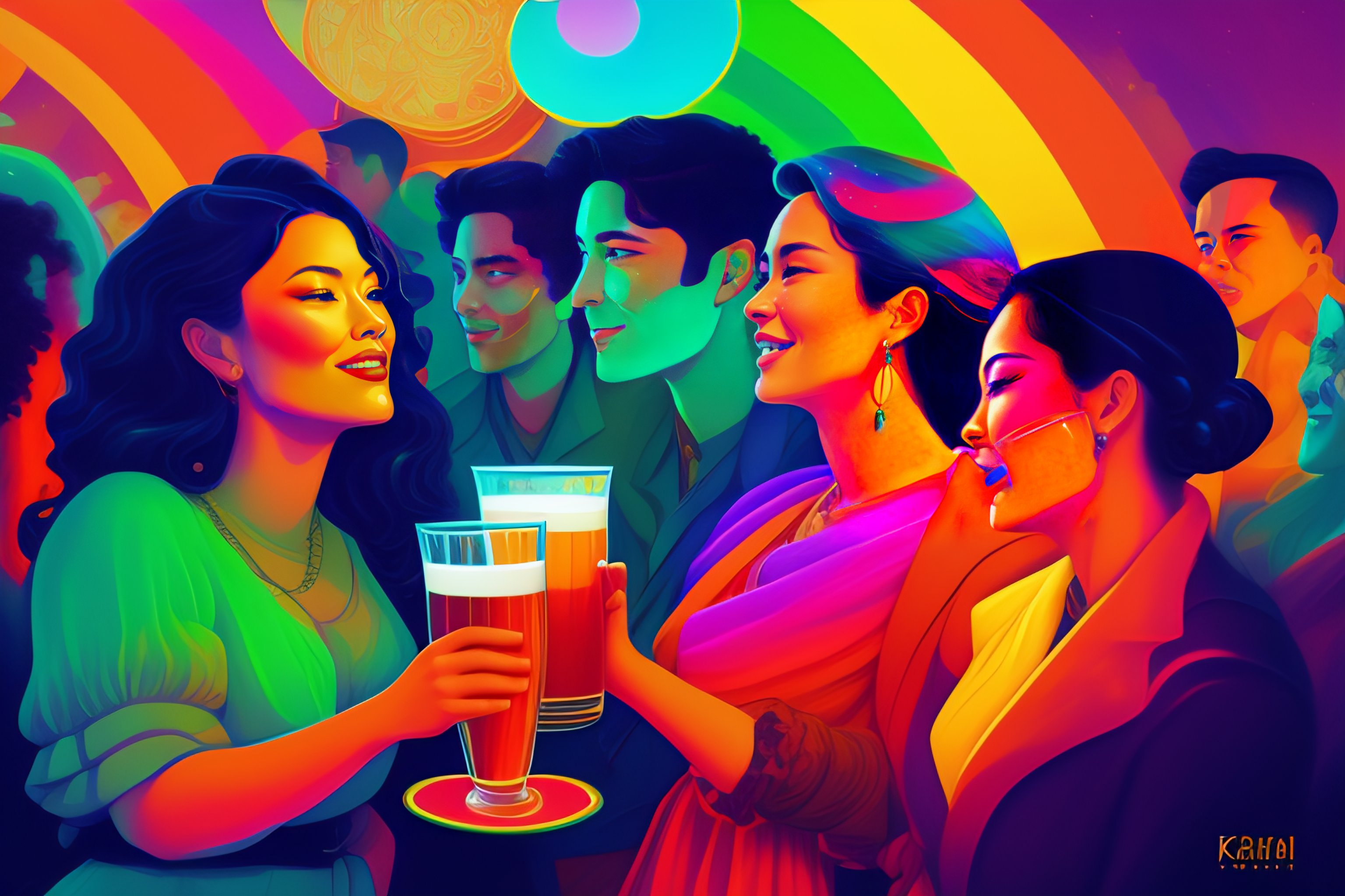 Lexica - Friends cheer with beer in a bar, rainbow colors, gay ...