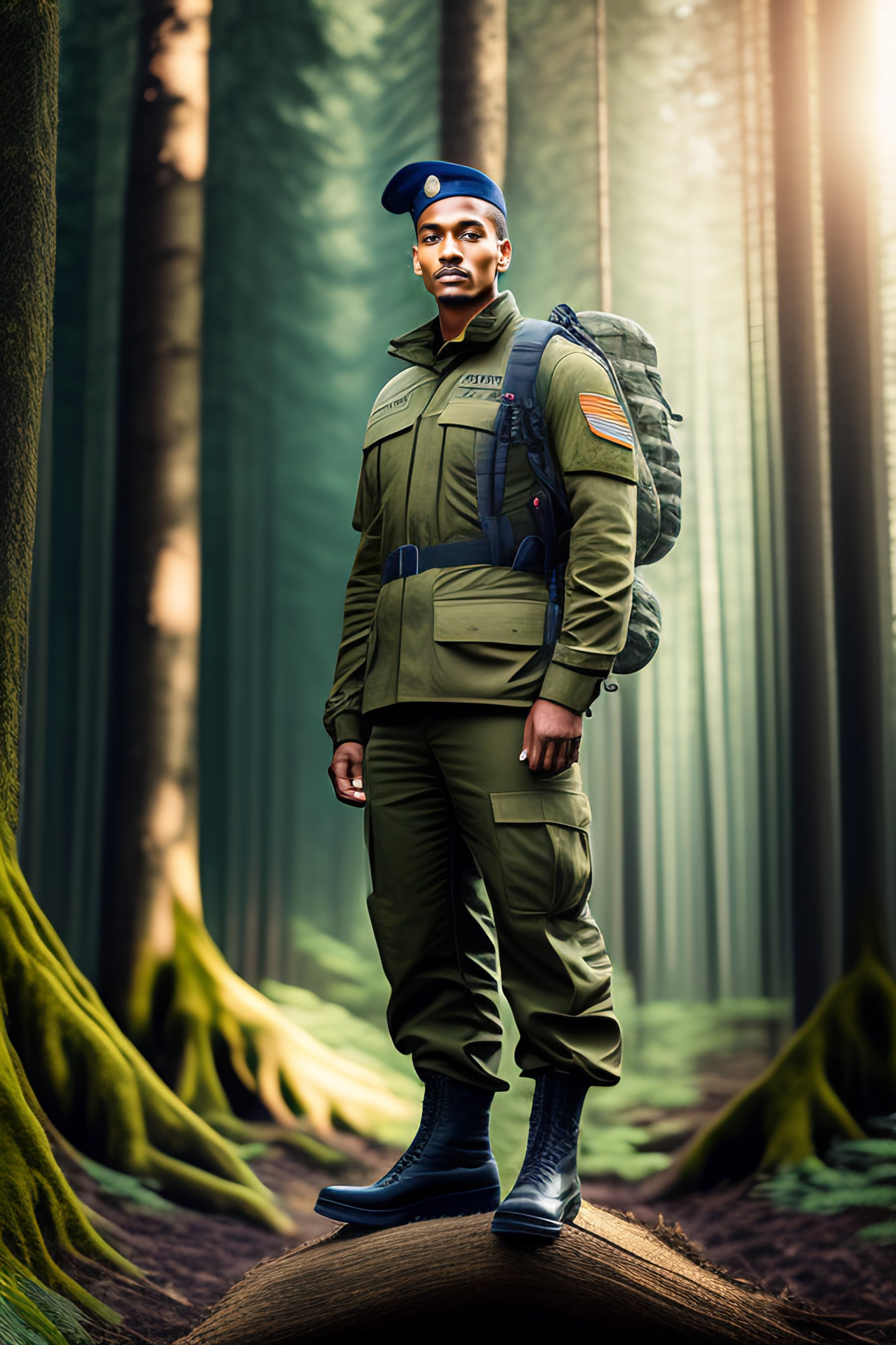 Lexica - Realistic photo of Soldier Boy standing on a log in the forest