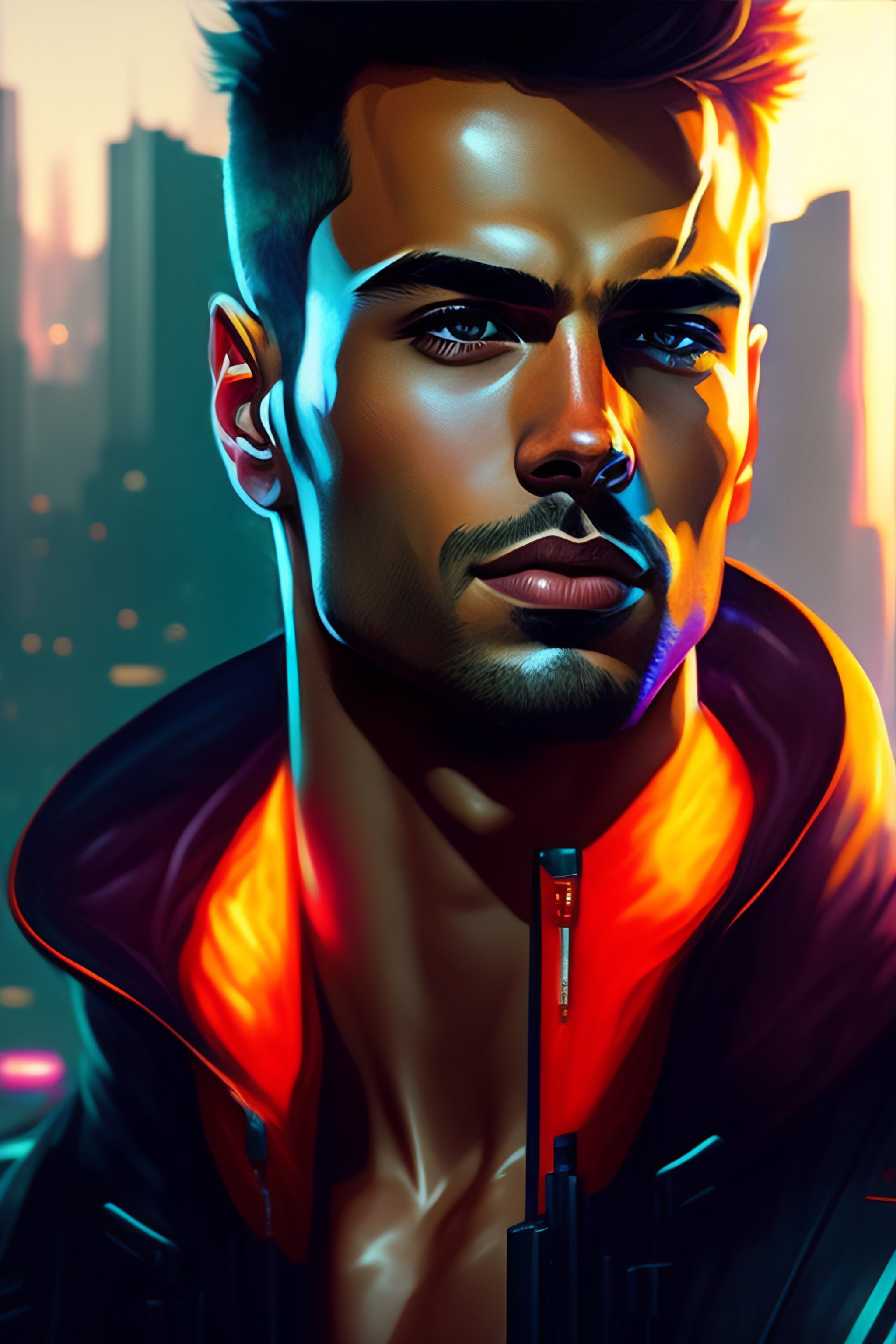 Lexica - Theo james portrait, detailed face and eyes, cyberpunk city background, cosmic ...