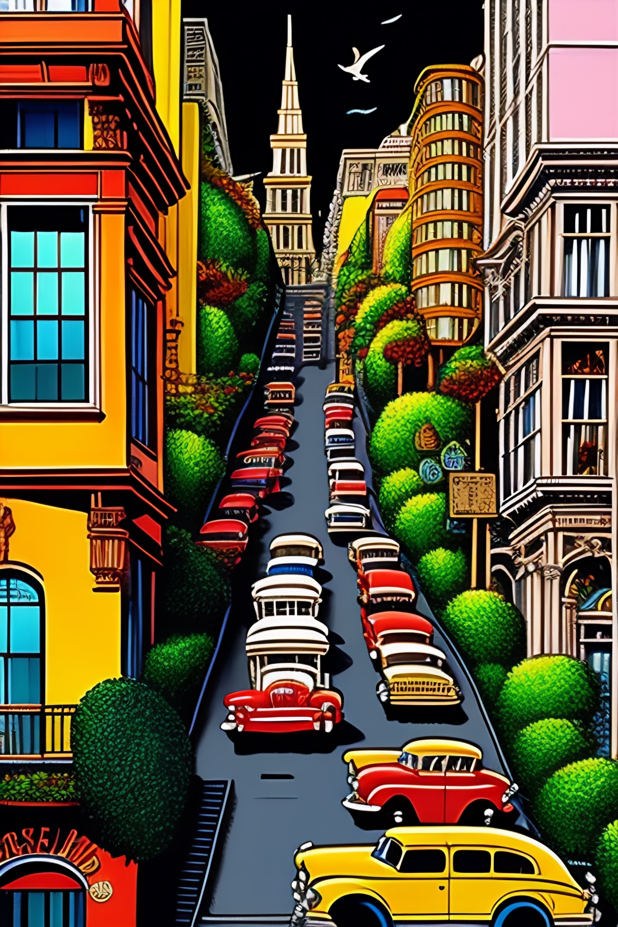 Lexica - Maximalist chaotic Lombard Street San Francisco, birds eye ...