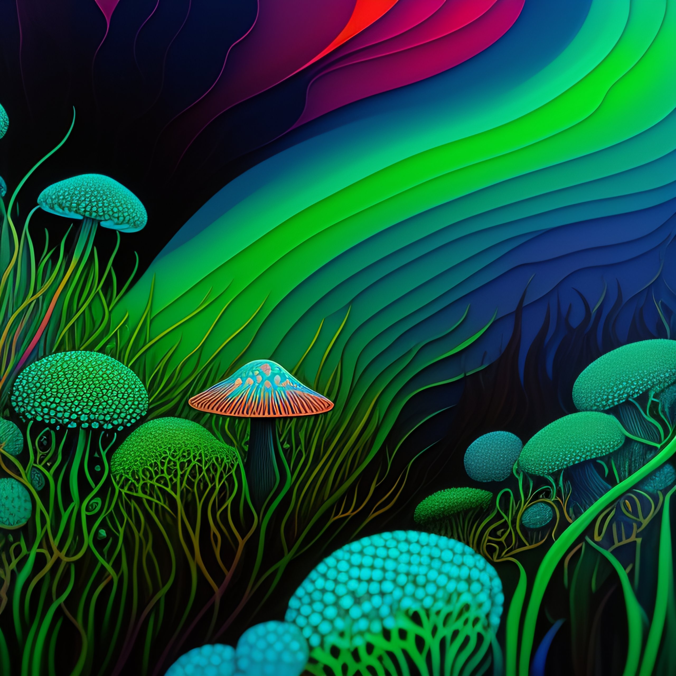 Lexica - Plethora of teal and coral mushrooms and mycelium,colorfu ...