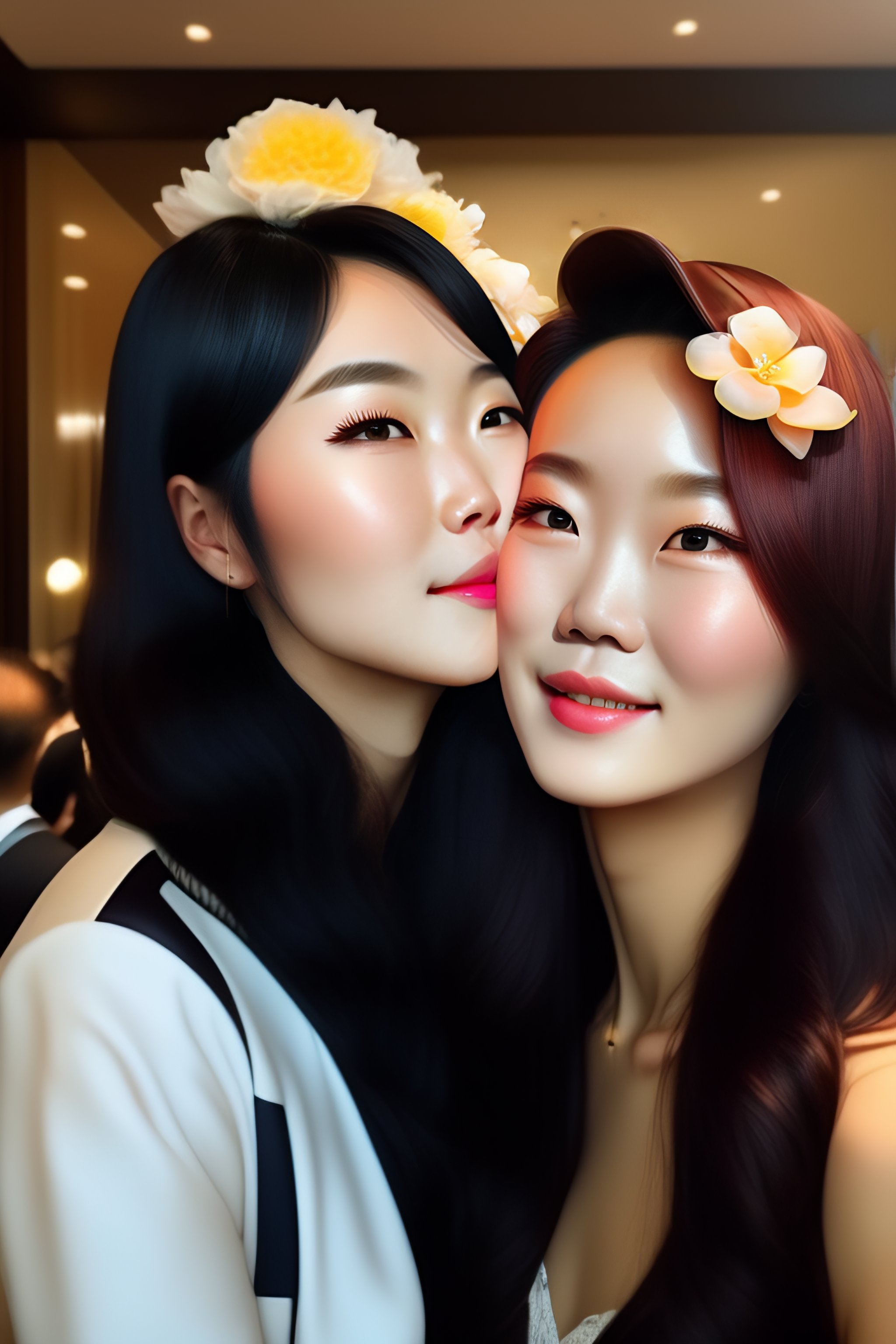 Lexica - Two beautiful Korean women kissing, full-length photo