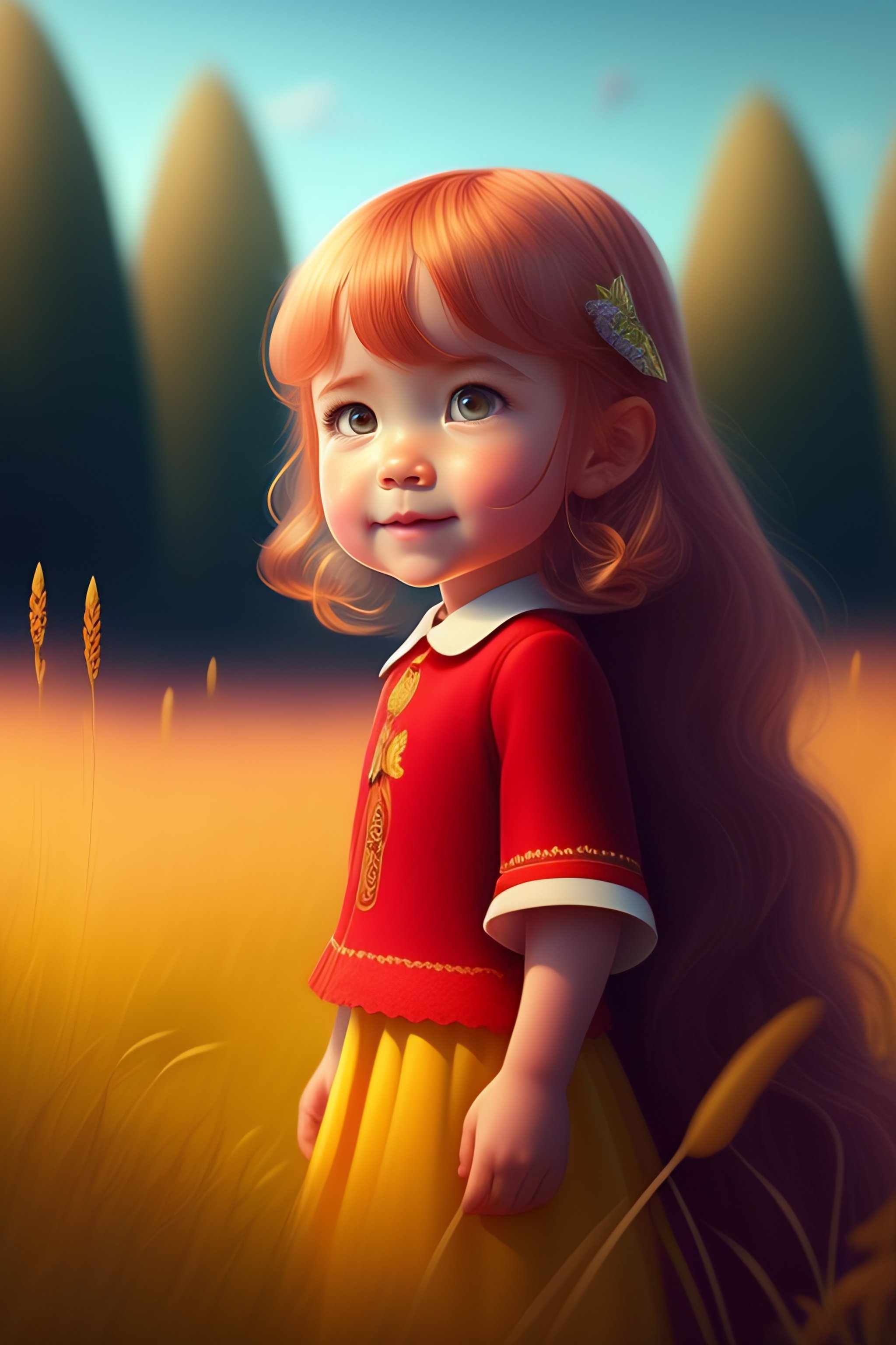 Lexica - View of gorgeous meadow with 2 year old lhappy girl in red ...