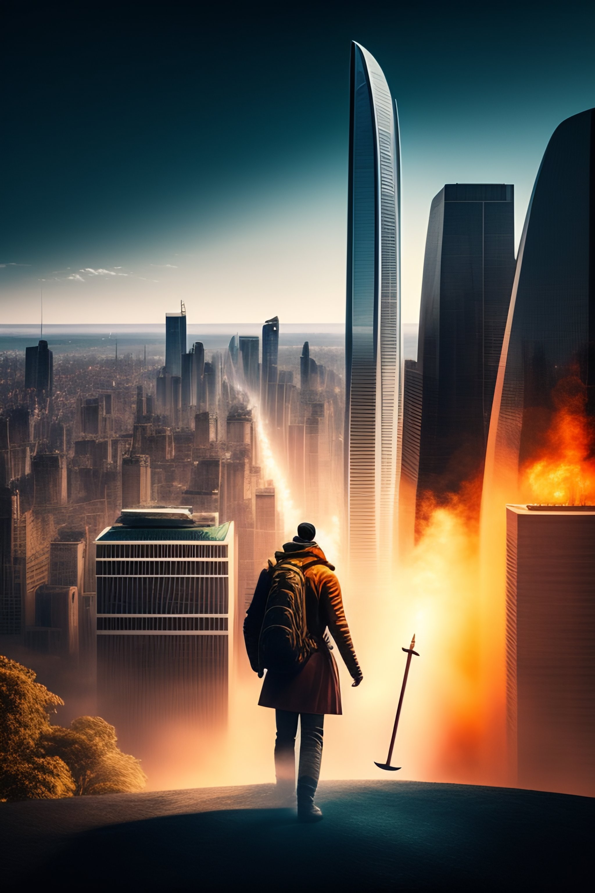 Lexica - Man riding a broomstick over the city