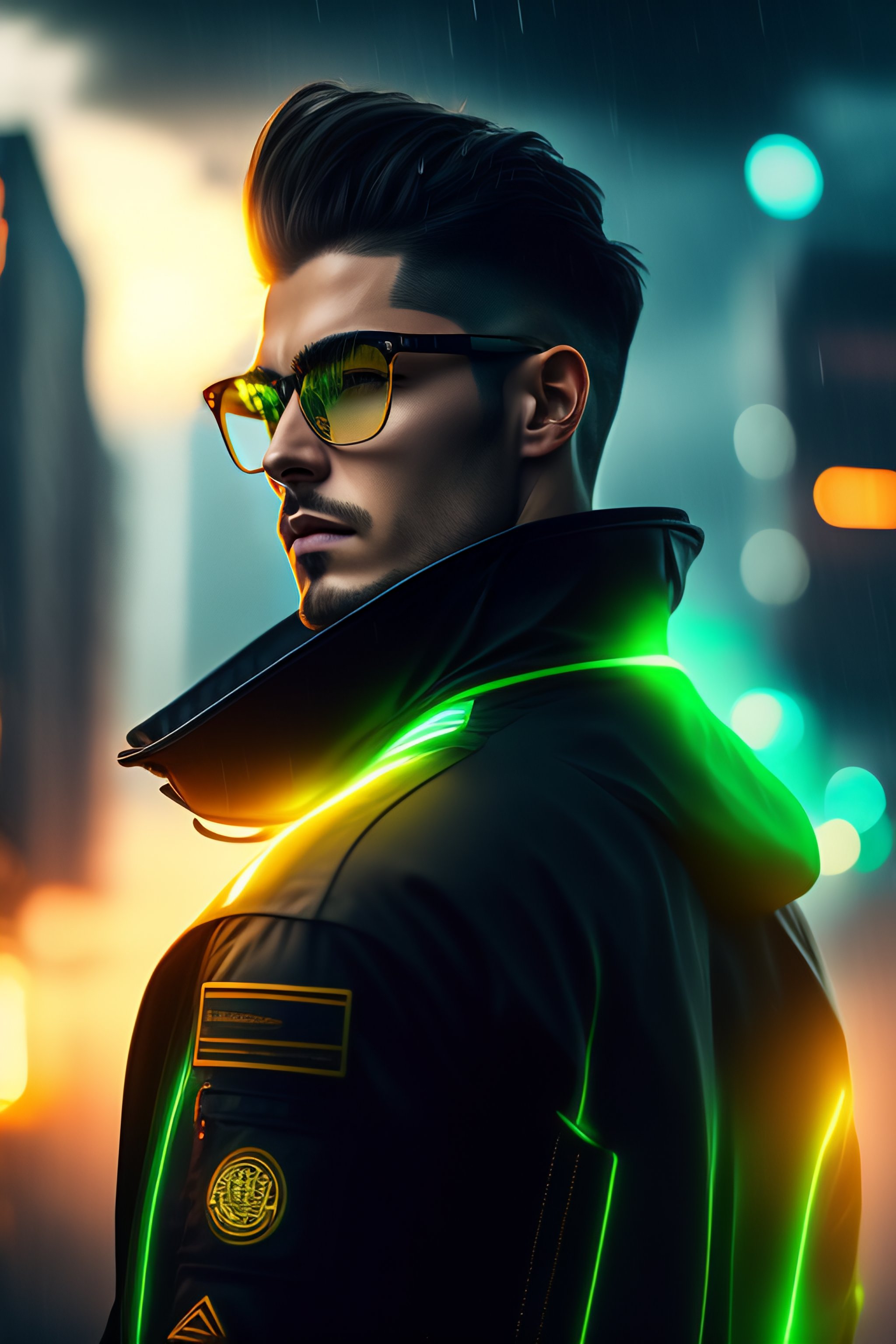 Lexica - Man with undercut hair in black tech suit charming with yellow ...