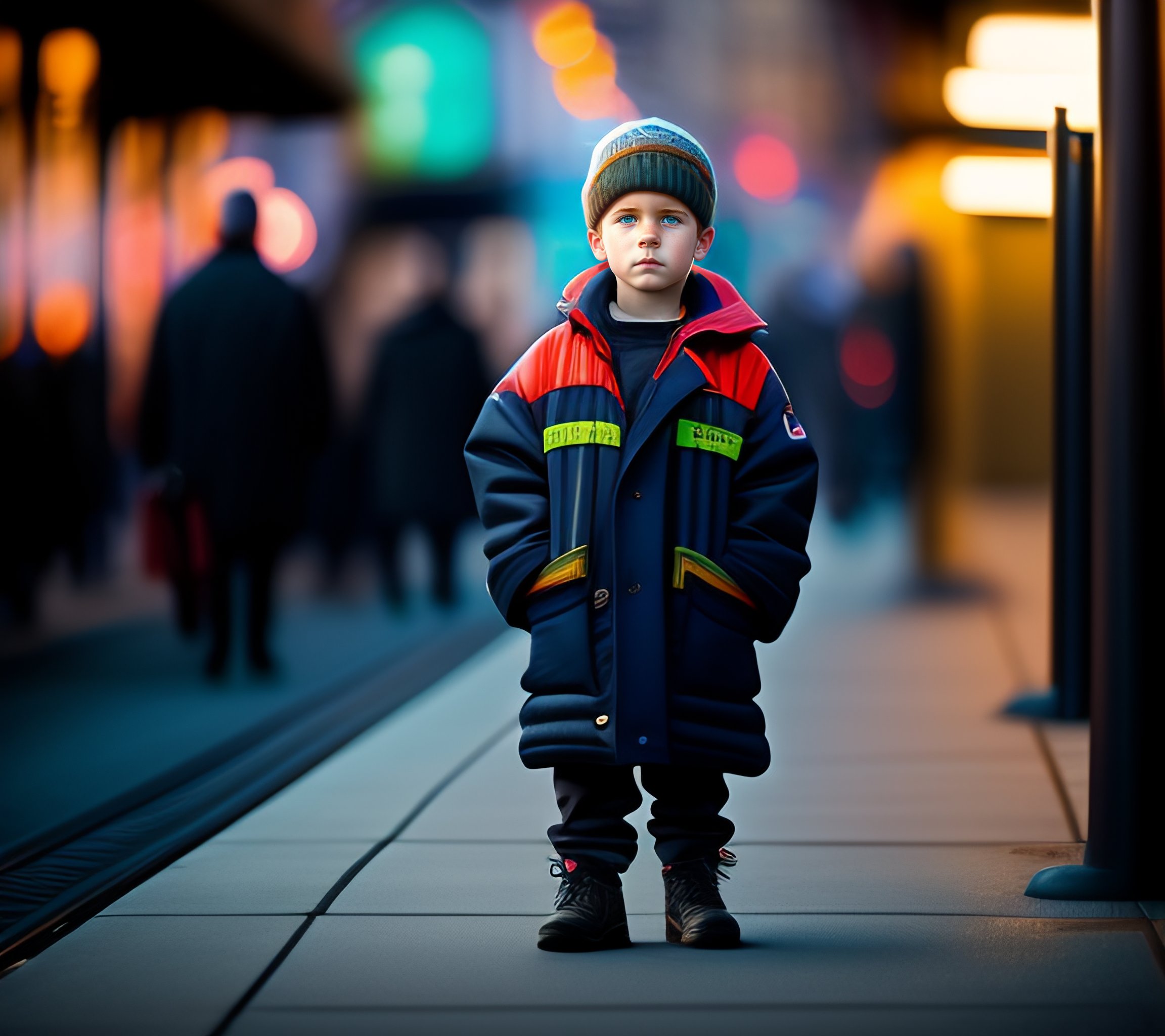 Lexica - A boy with luffing face waiting for bustation wearing huddy ...