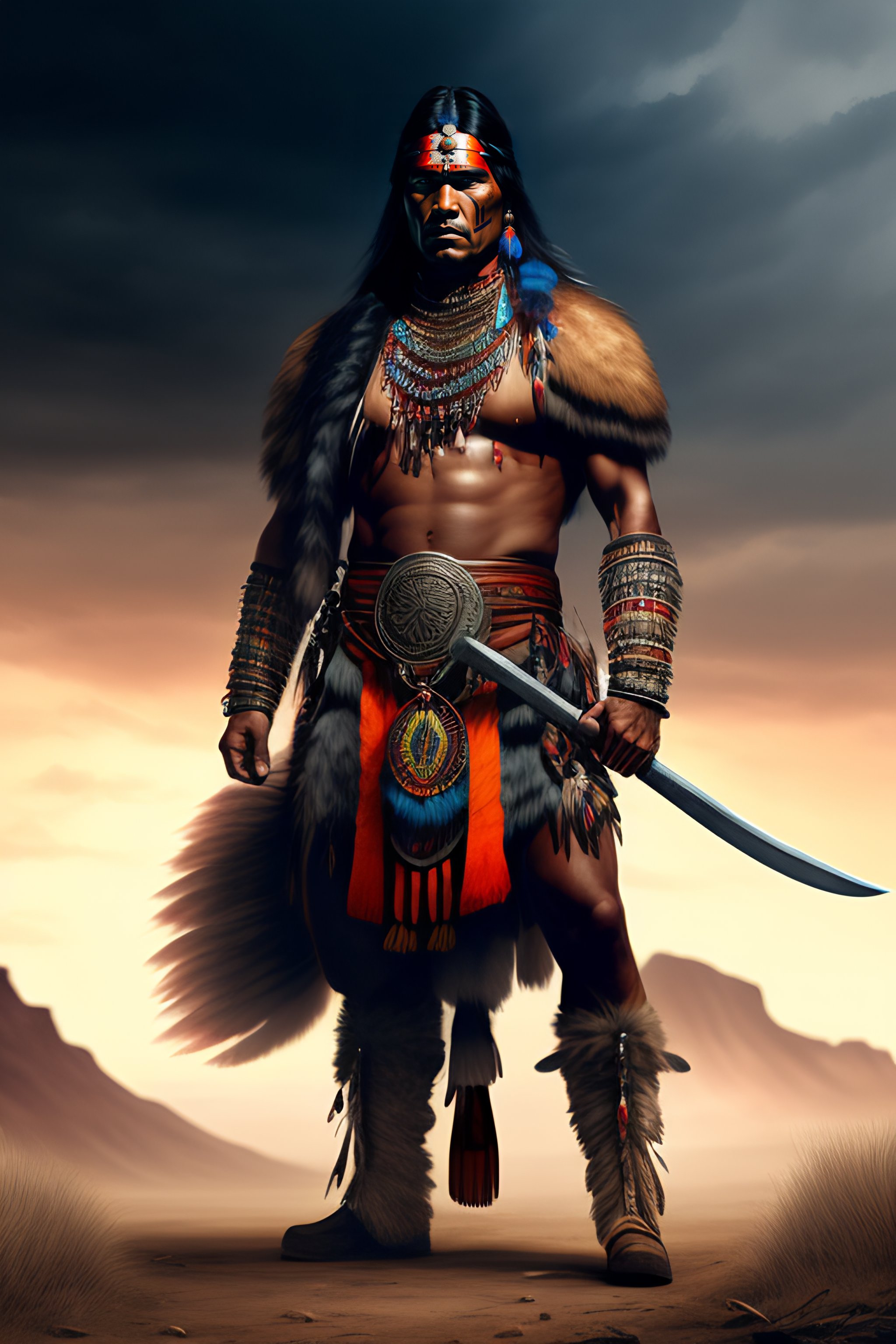 Lexica - Native American indigenous warrior, holding an steel Axe, full ...