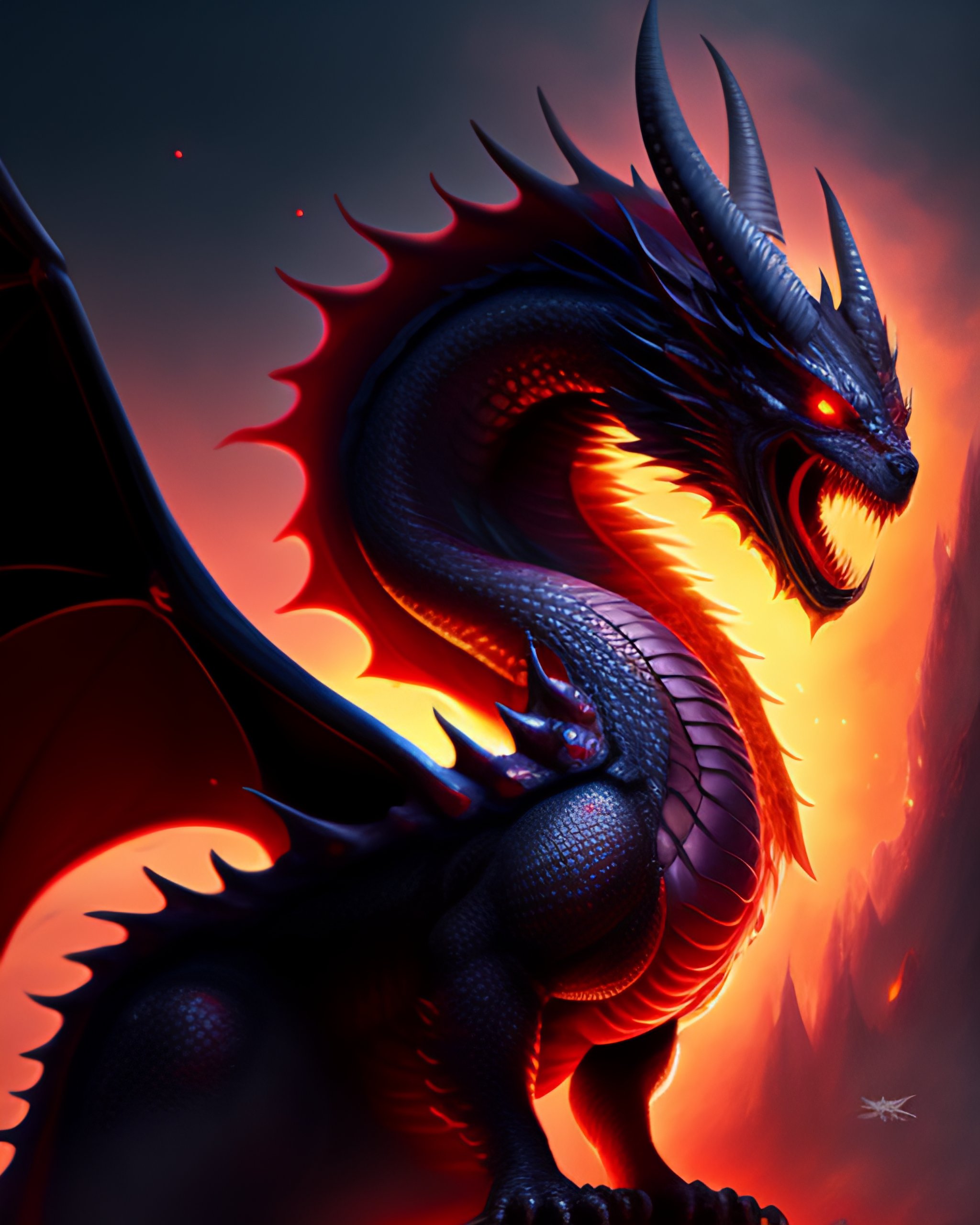 Lexica - Fearsome black dragon, intricate scales, glowing red eyes ...