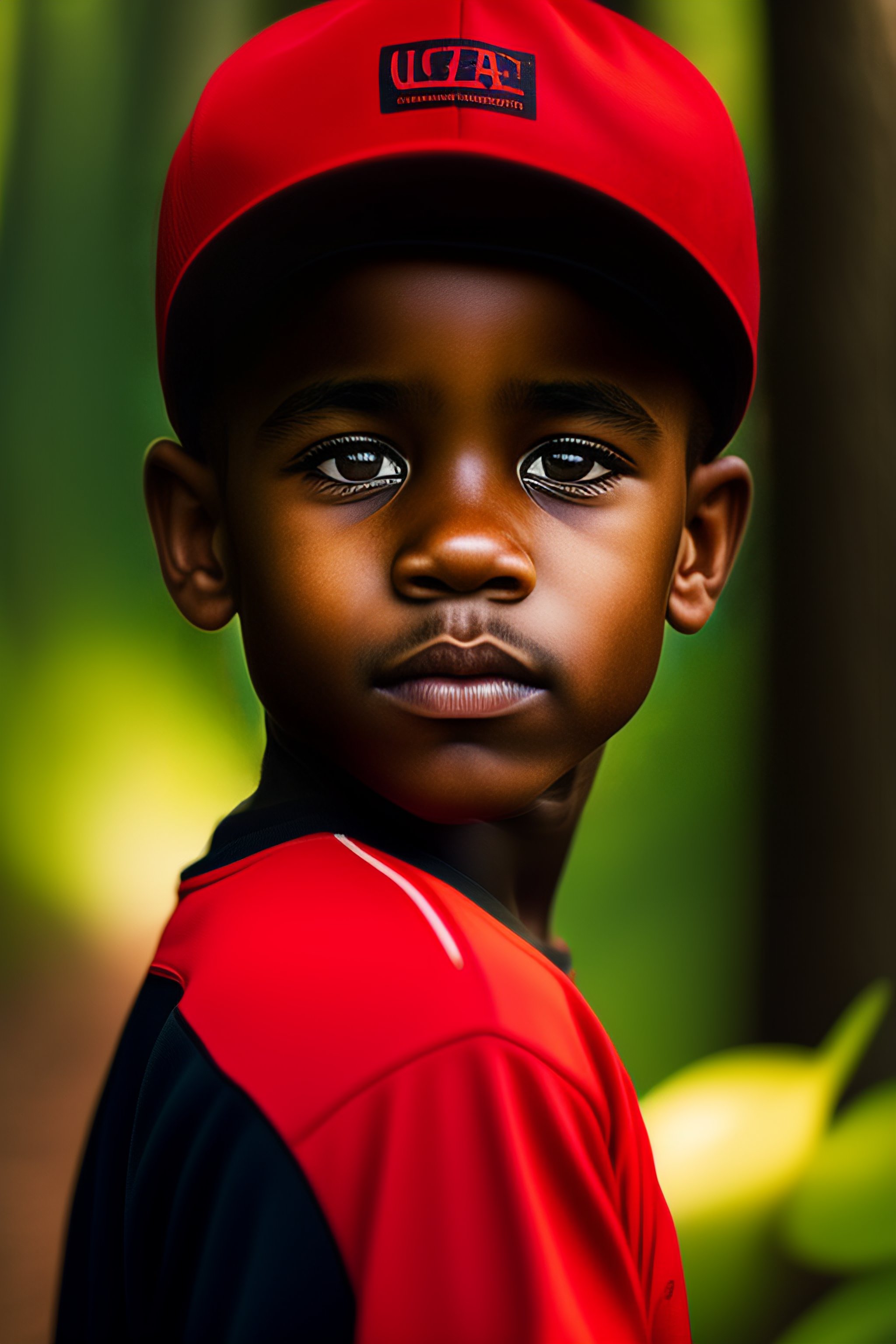 Lexica - Portrait, without a leg, black boy, red cap, forest, realistic