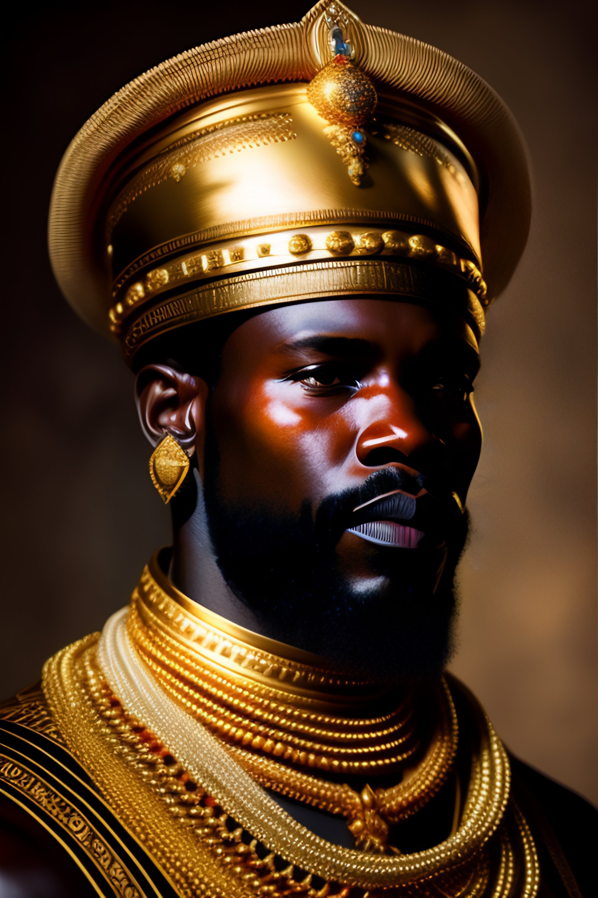 Lexica - Portrait of strong African king, dressed in gold ornaments