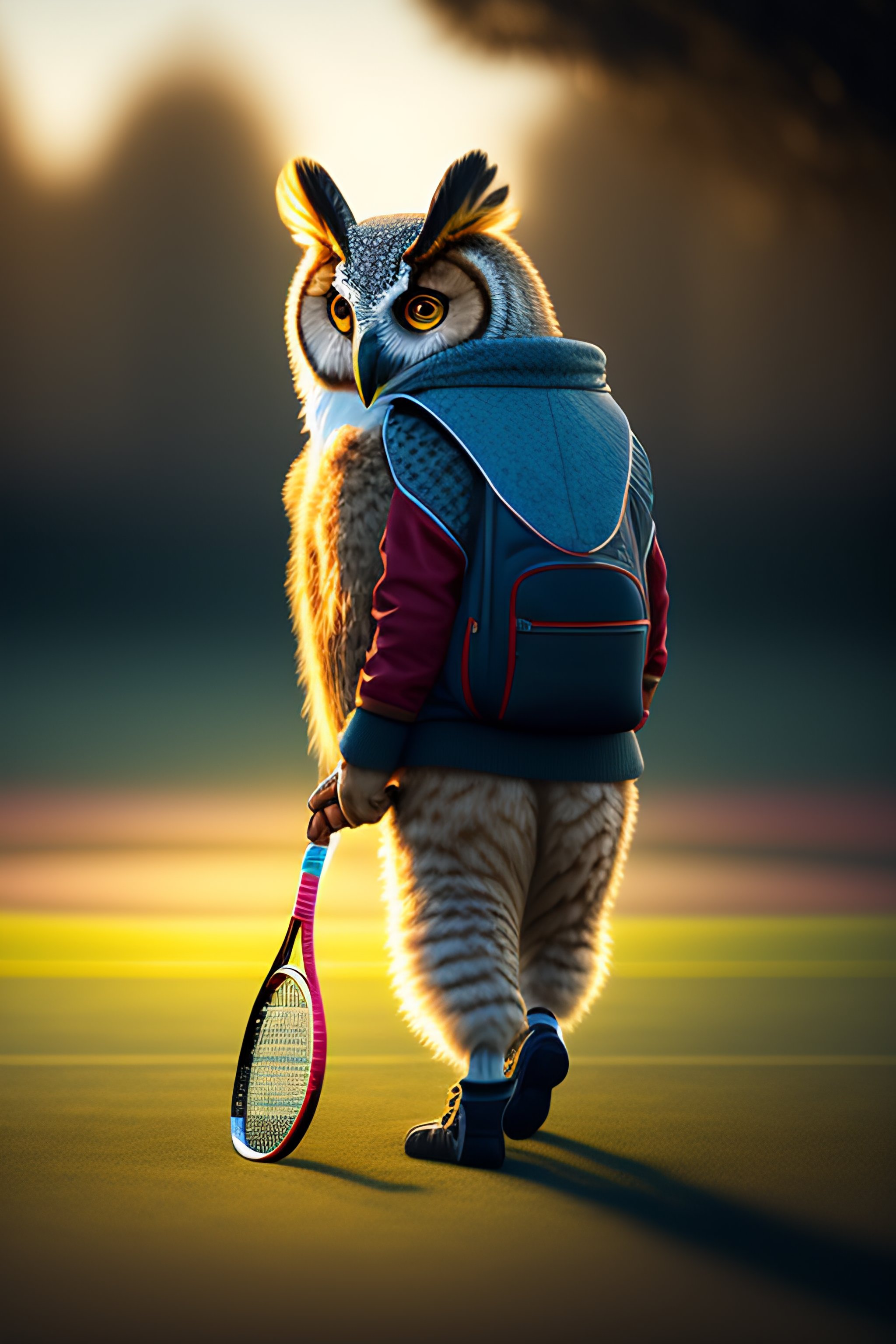 Lexica - Timid owl carrying tennis racket, michael kutsche, cinematic ...