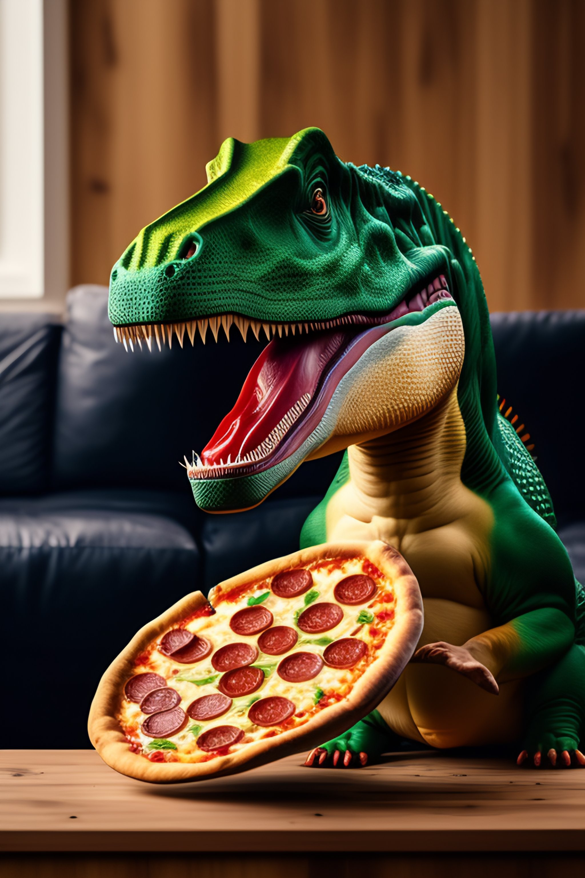 Lexica - Dinosaur eating pizza