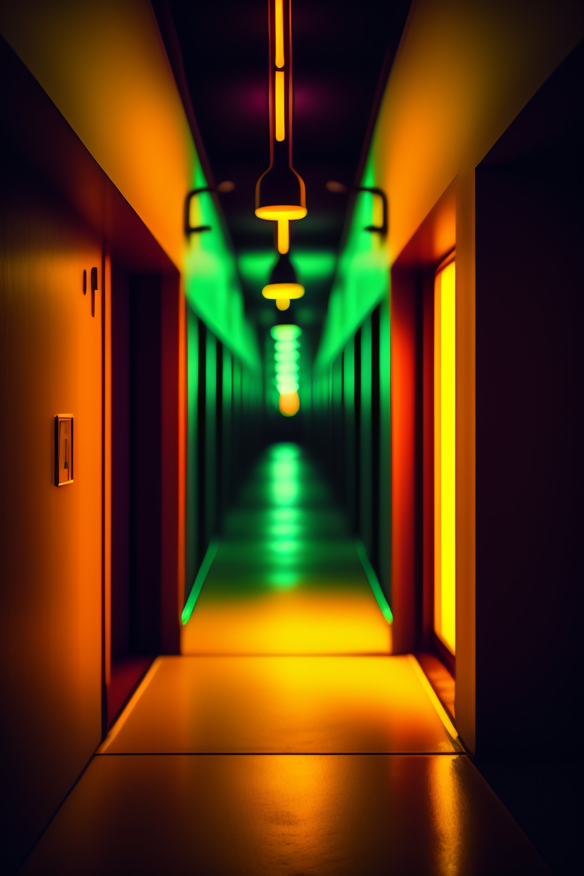 Lexica - A long dark concrete hallway with a neon path and a flashing ...