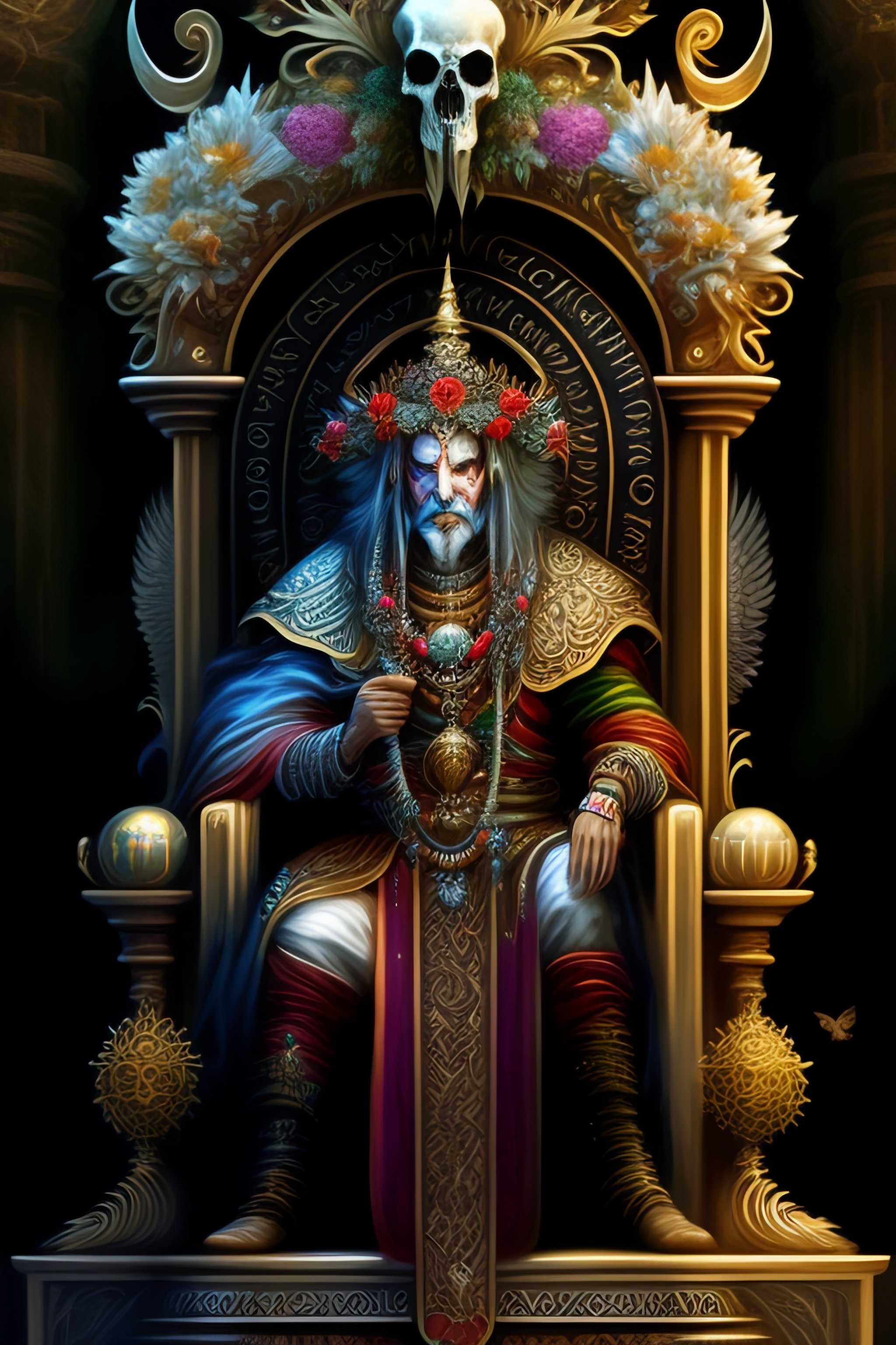 Lexica - An old ugly jester with a wreath of flowers and birds on his ...