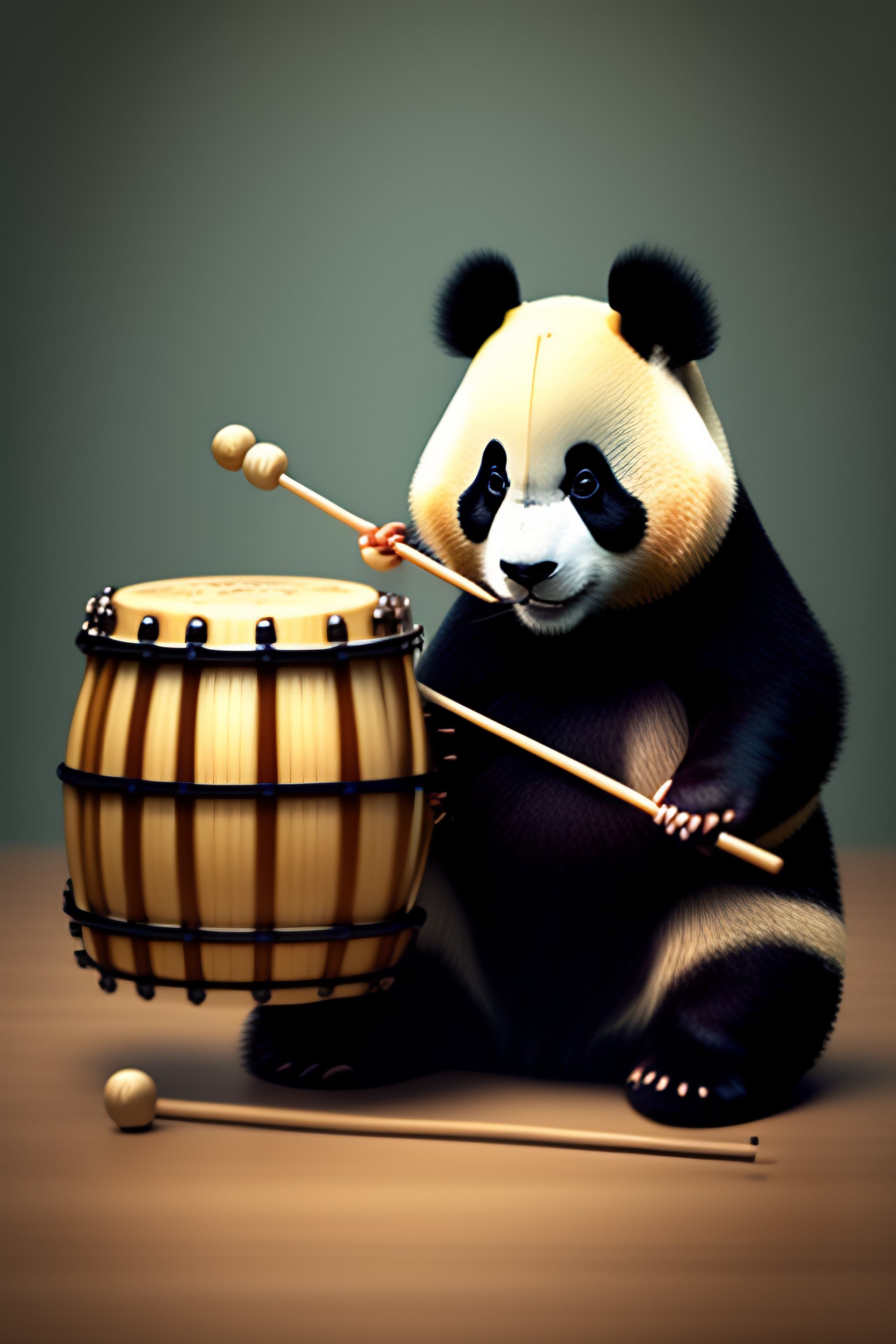 Lexica - Portrait of a cute panda playing the drums with bamboo sticks