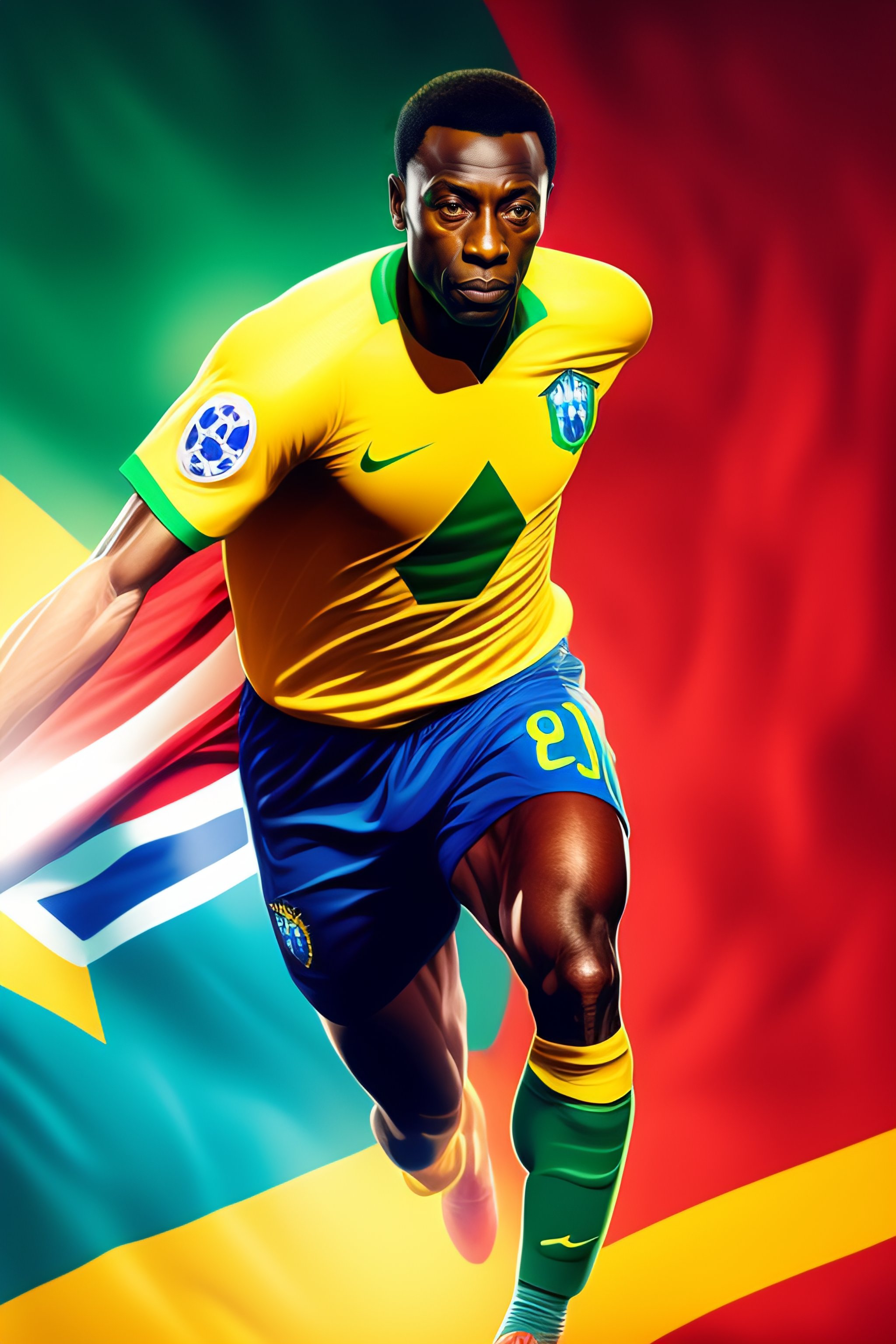 Lexica - Pelé as super hero, brazil flag, sky, intricate, highly ...