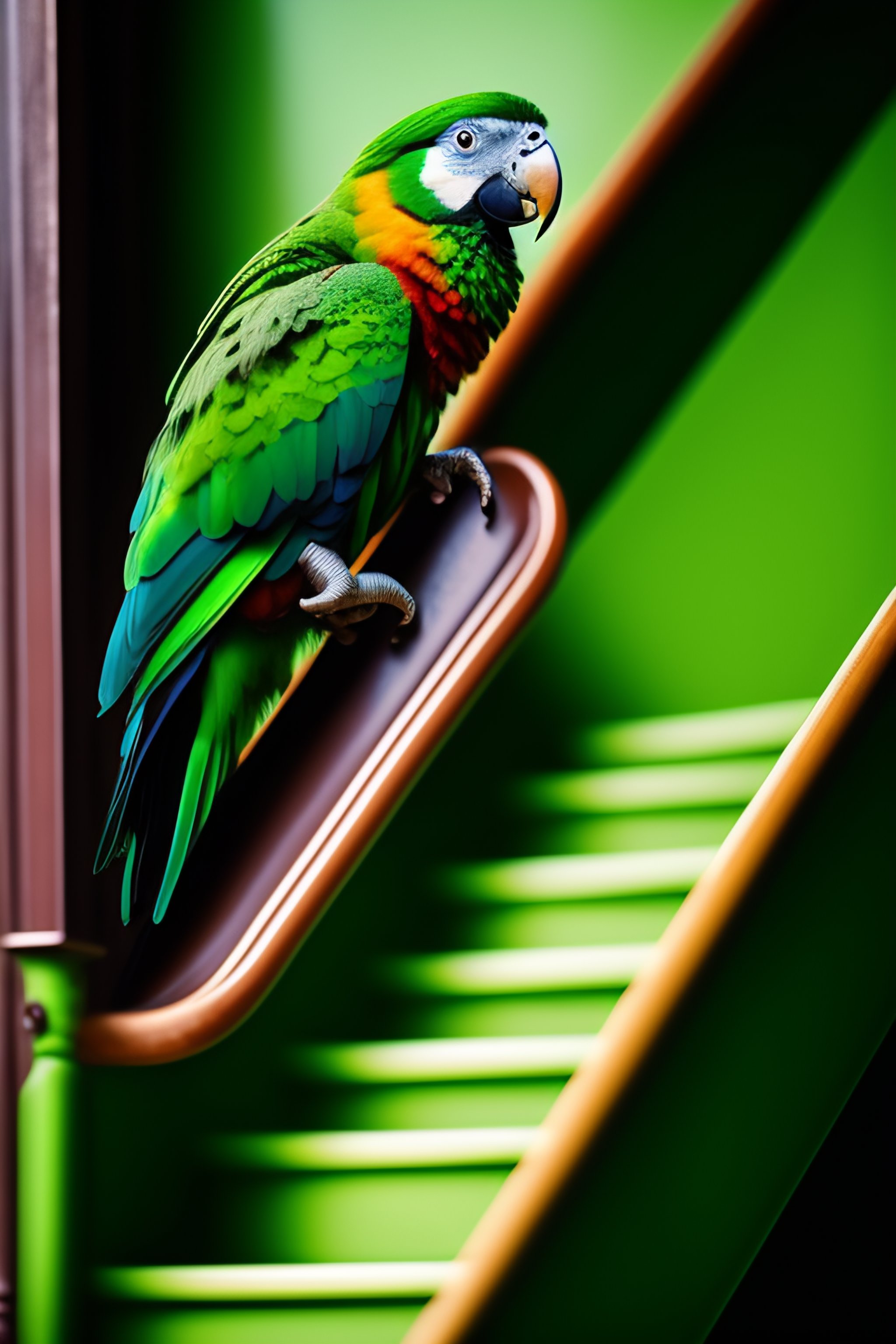 Lexica - Cute green parrot climb stairs