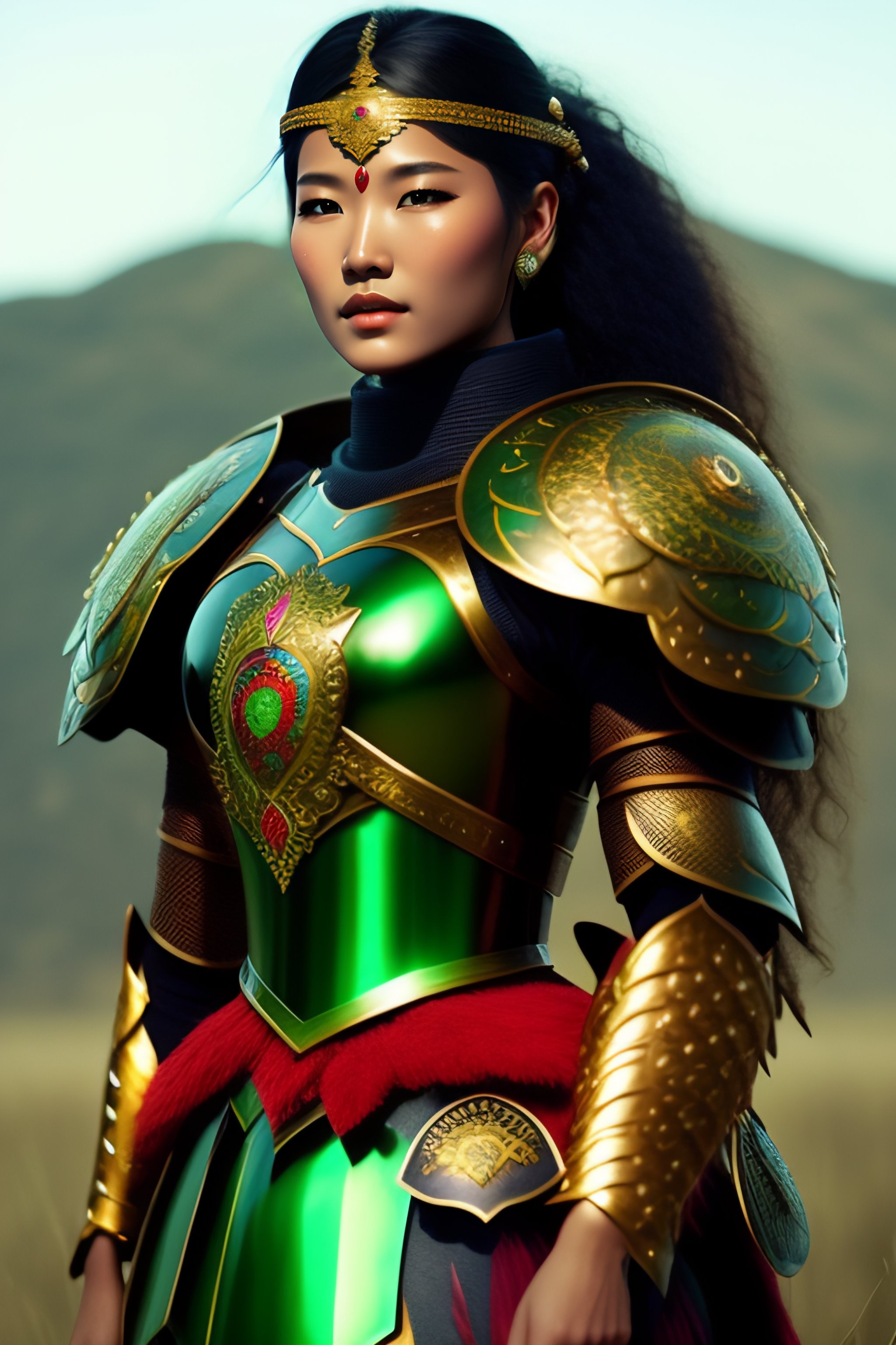 Lexica - Beautiful youthful female warrior, flower ornamented green ...