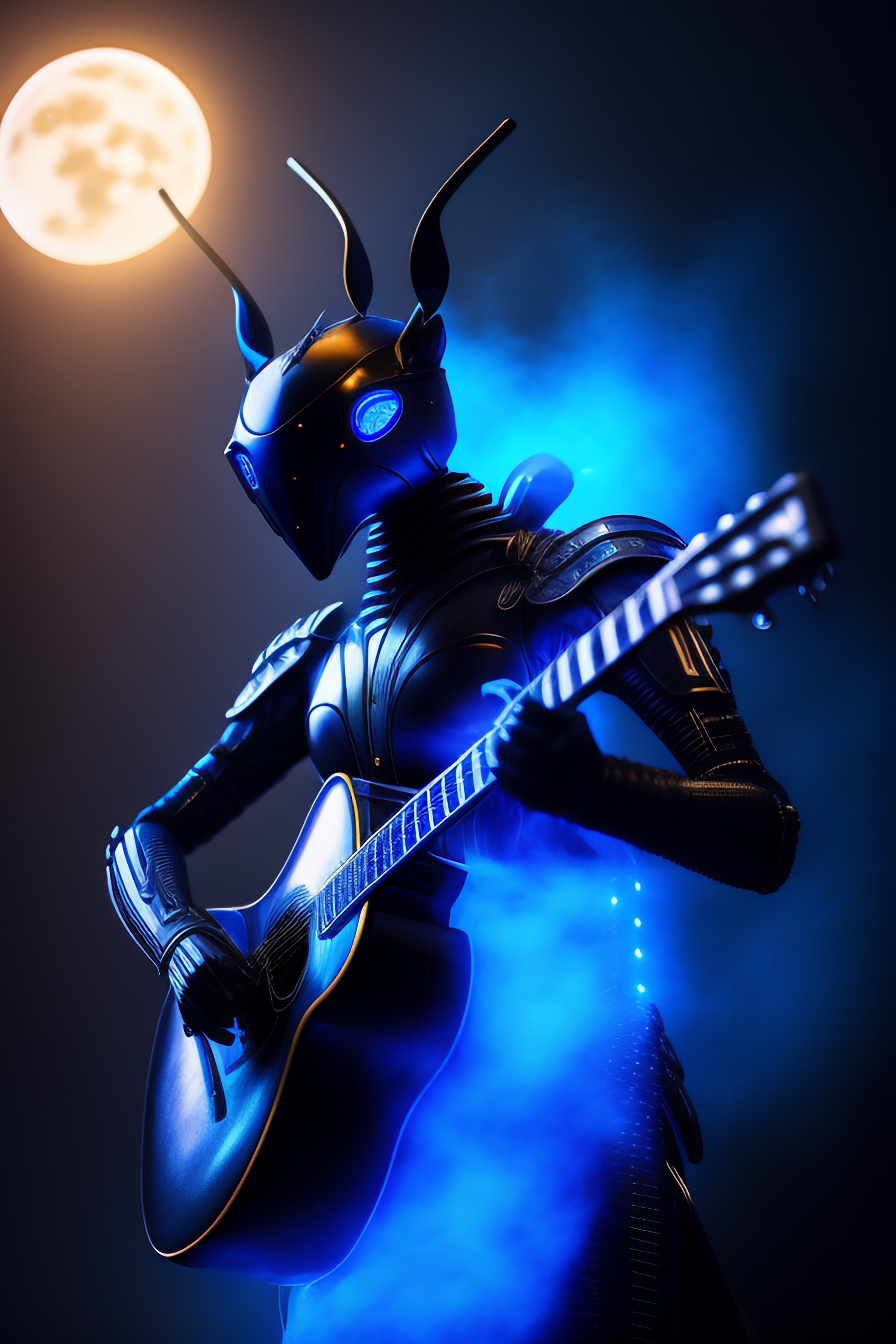 Lexica - Male blue ant humanoid, playing guitar, metropolis, cyber punk ...