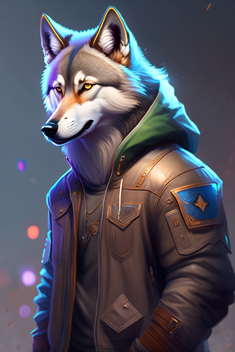 Lexica - Anthro humanoid wolf, hoodie and ripped jeans, looking at ...