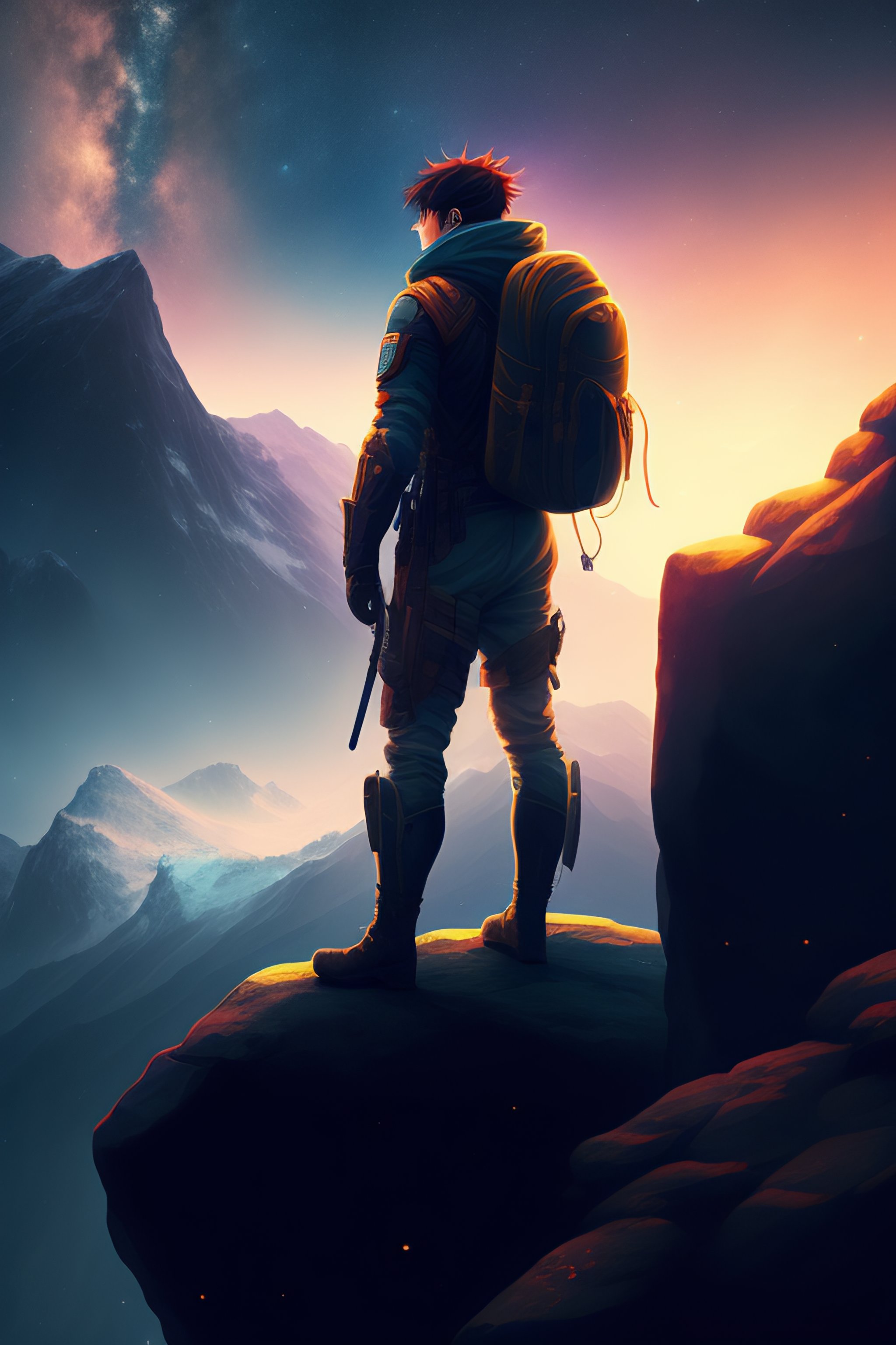 Lexica - Hero on cliff peak staring up at stars, high detail, anime ...