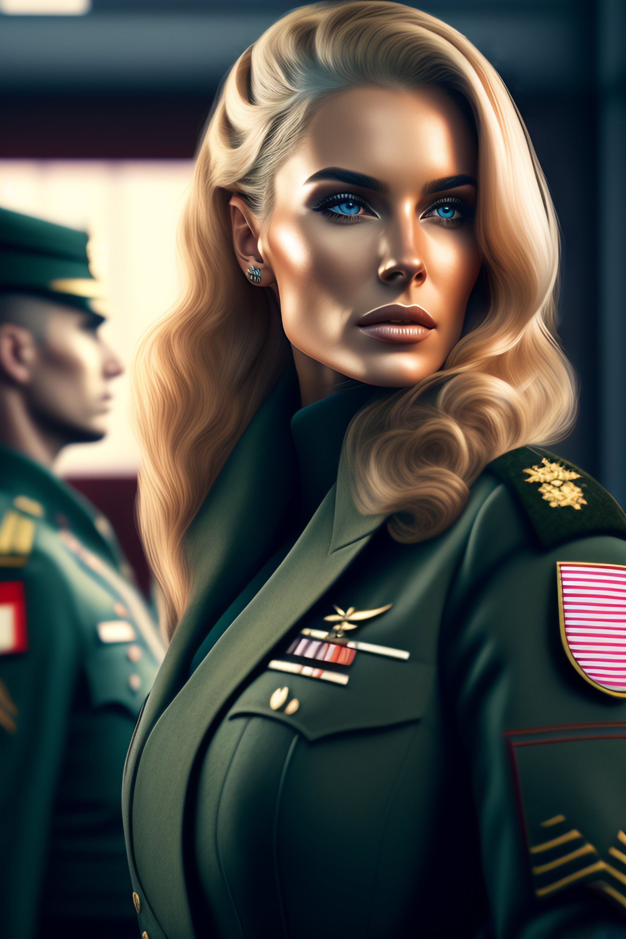 Lexica - A sexy, Polish female military general with long blonde hair in a command center ...