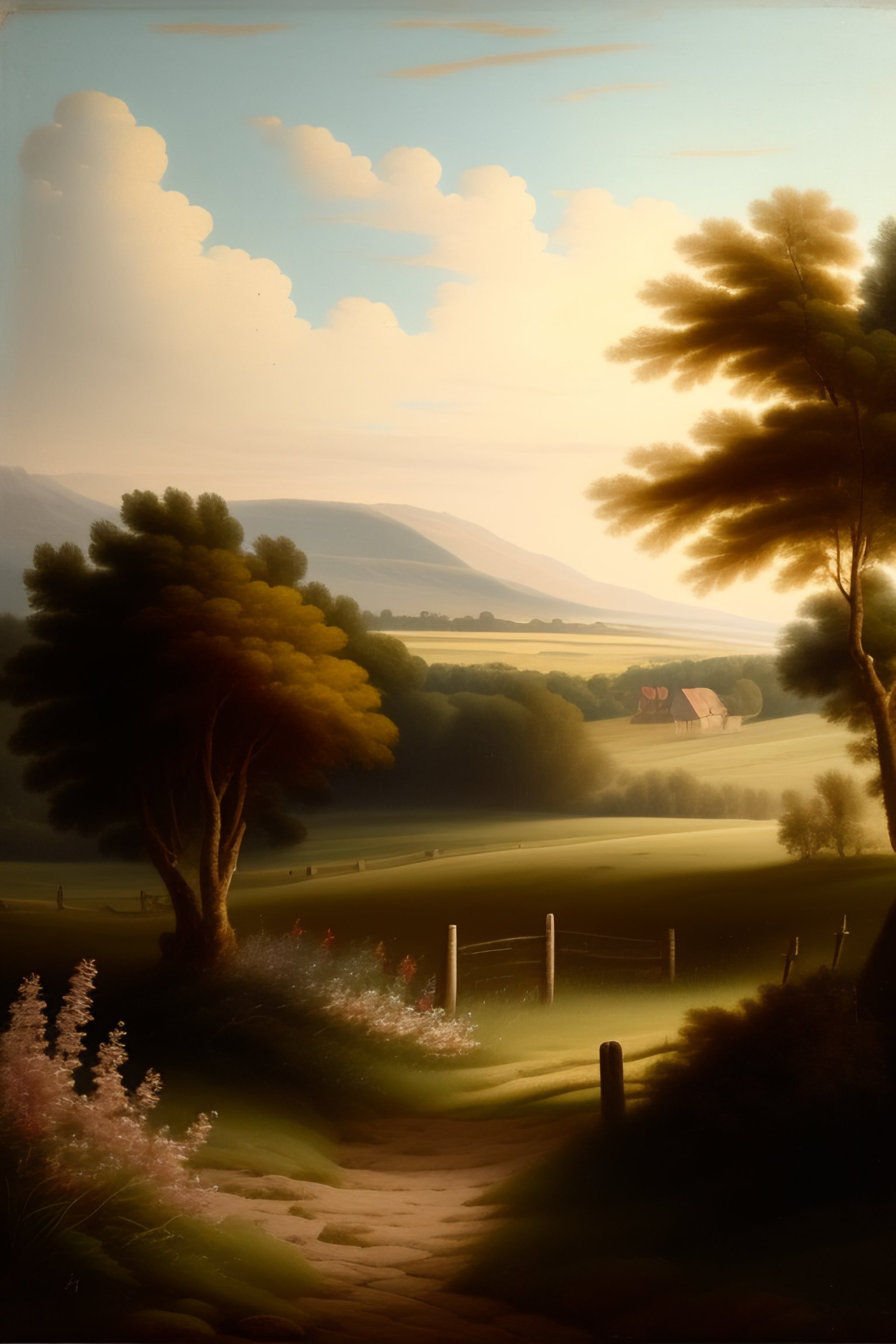 Lexica - 18th century oil painting of a spring meadow, rustic washed ...