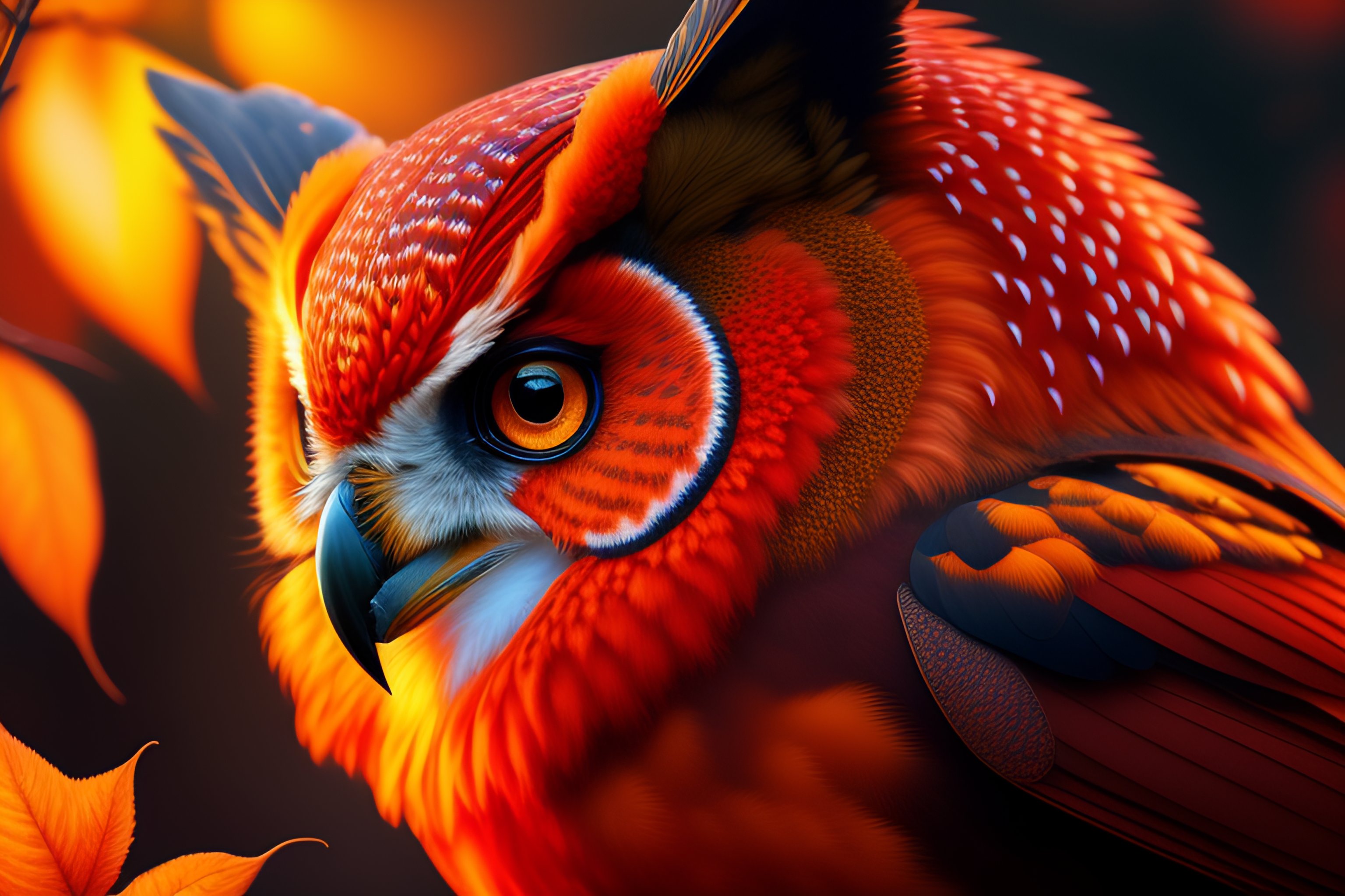 Lexica - Radiant red owl, glowing amber, autumn colours, highly ...