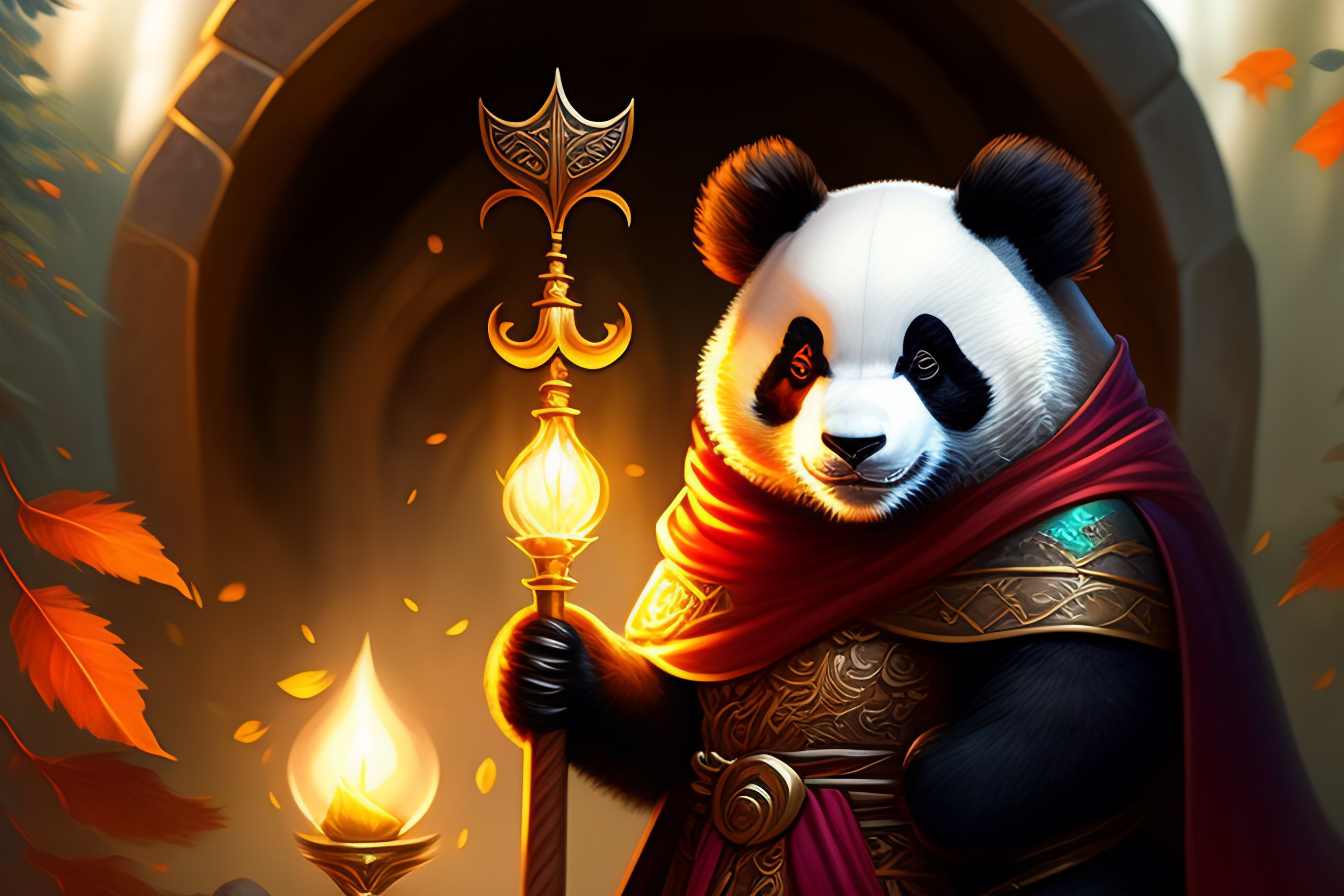 Lexica - Anthropomorphic panda mage, mage cloak, holding a large mage ...