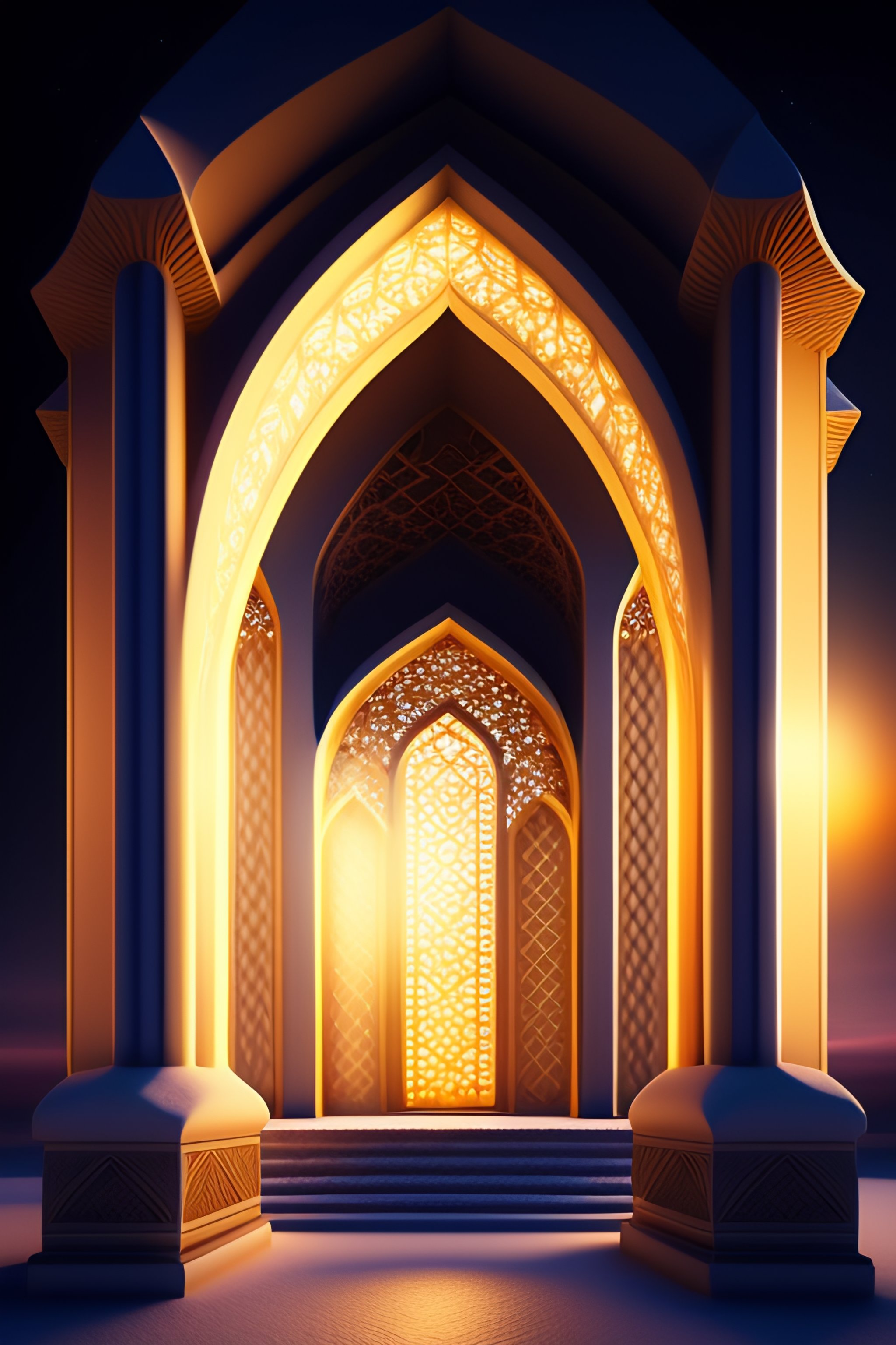 Lexica - Night, symmetrical islamic mosque made of translucent ice ...
