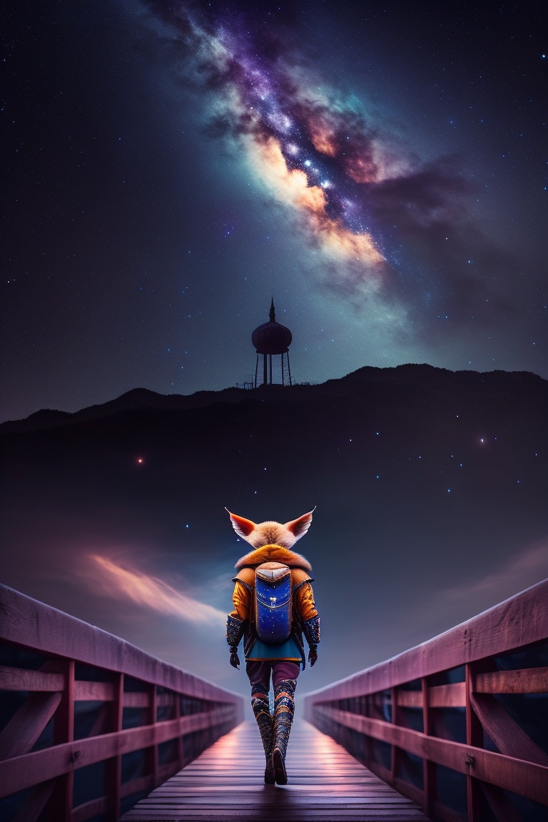 Lexica - Fennec robot samurai view from his back walking on a old and ...