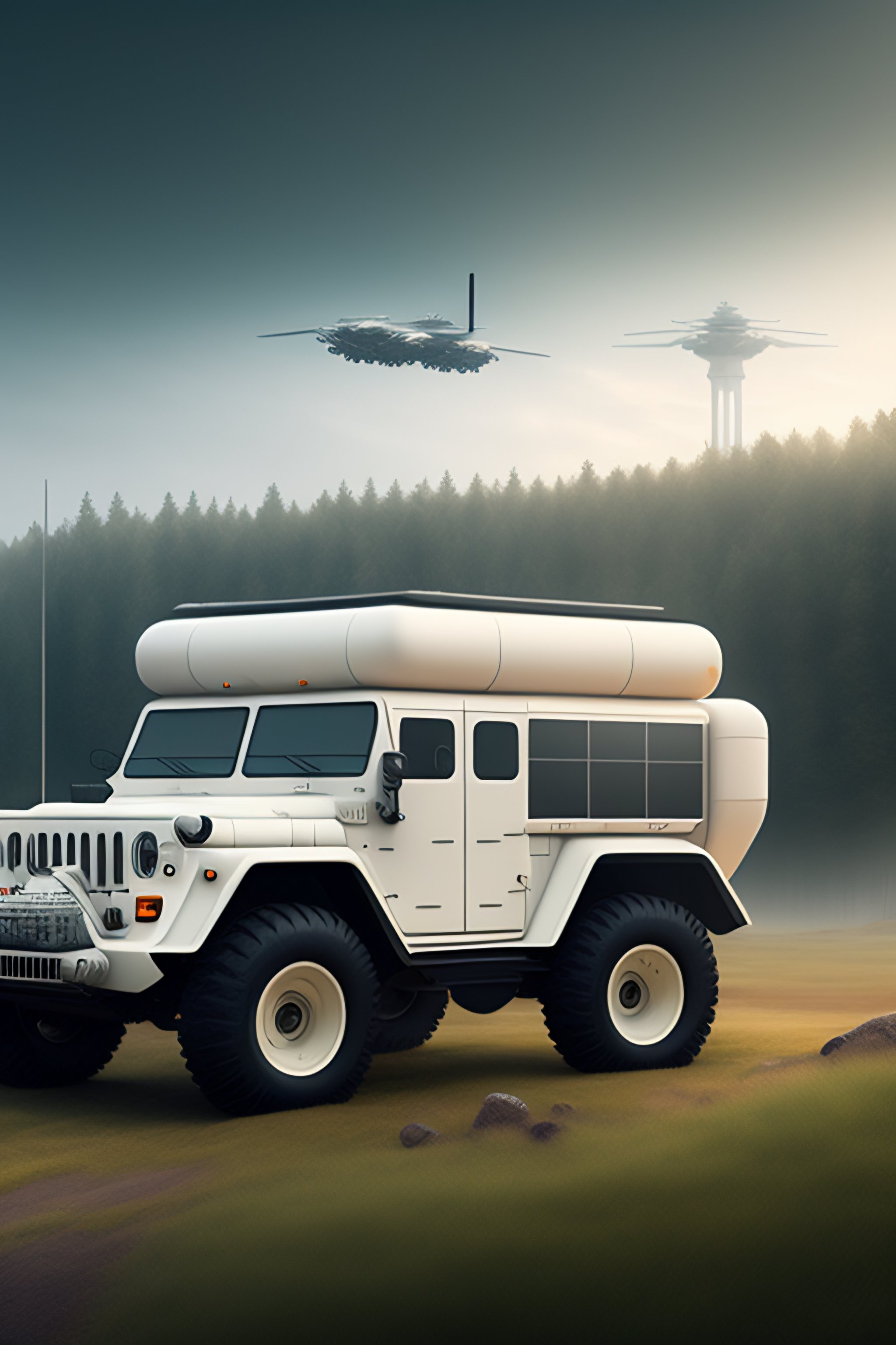 Lexica - Simon stalenhag,8k resoultion,hyper realstic , white humvee