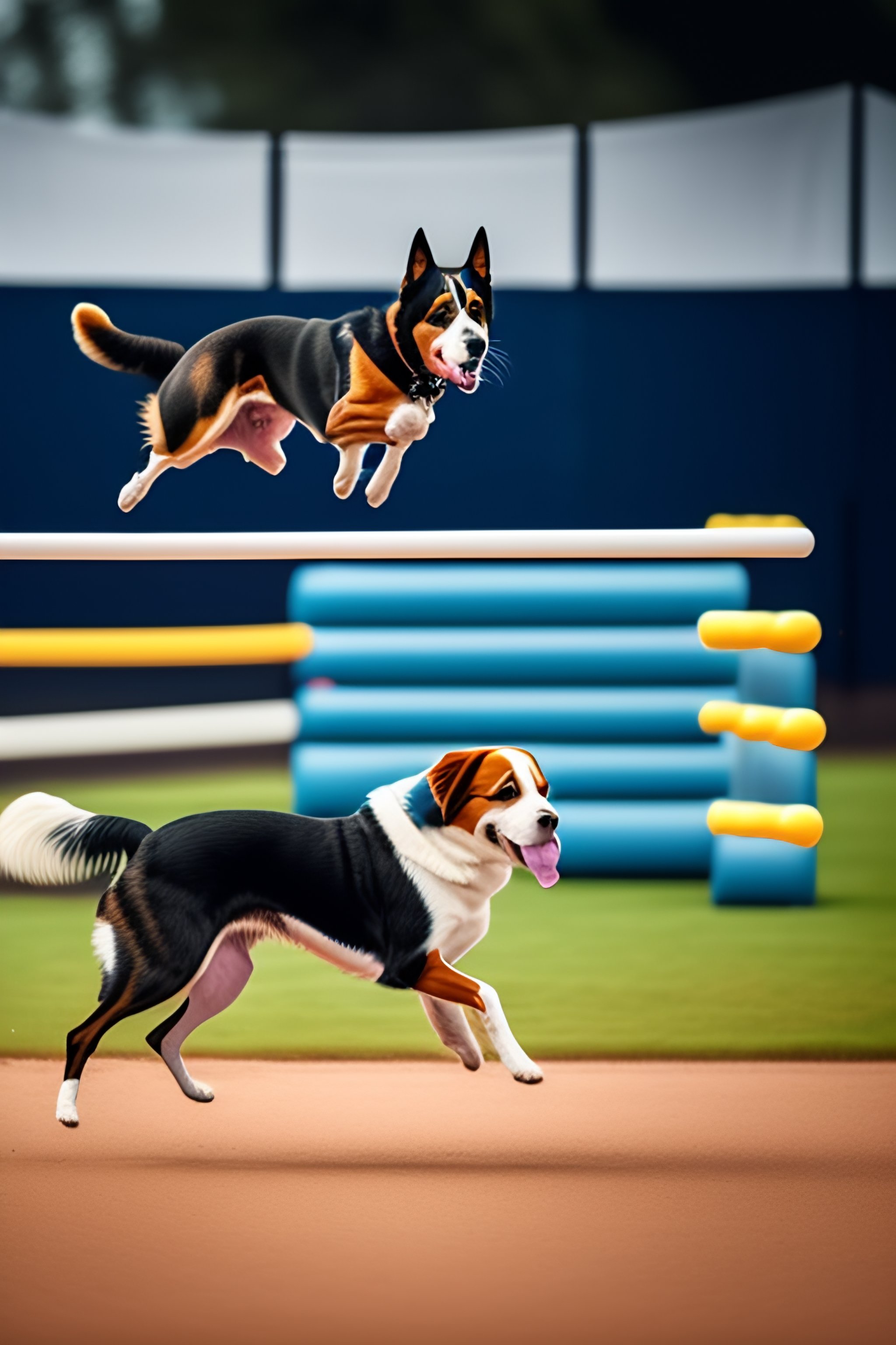 Lexica - Dog with four legs in the air in agility parcours jumping over ...