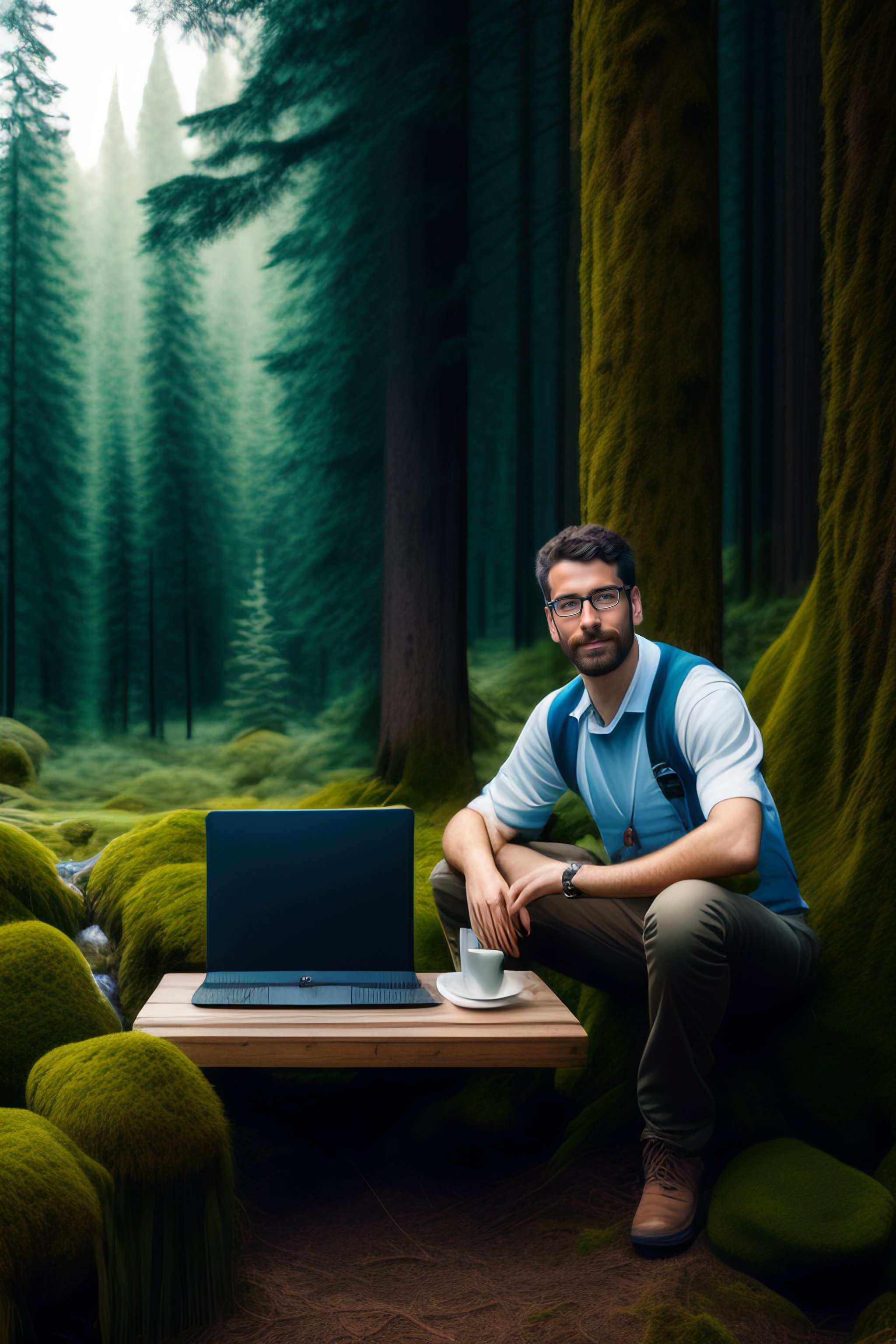 Lexica - Portrait of programmer next to computer in the forrest