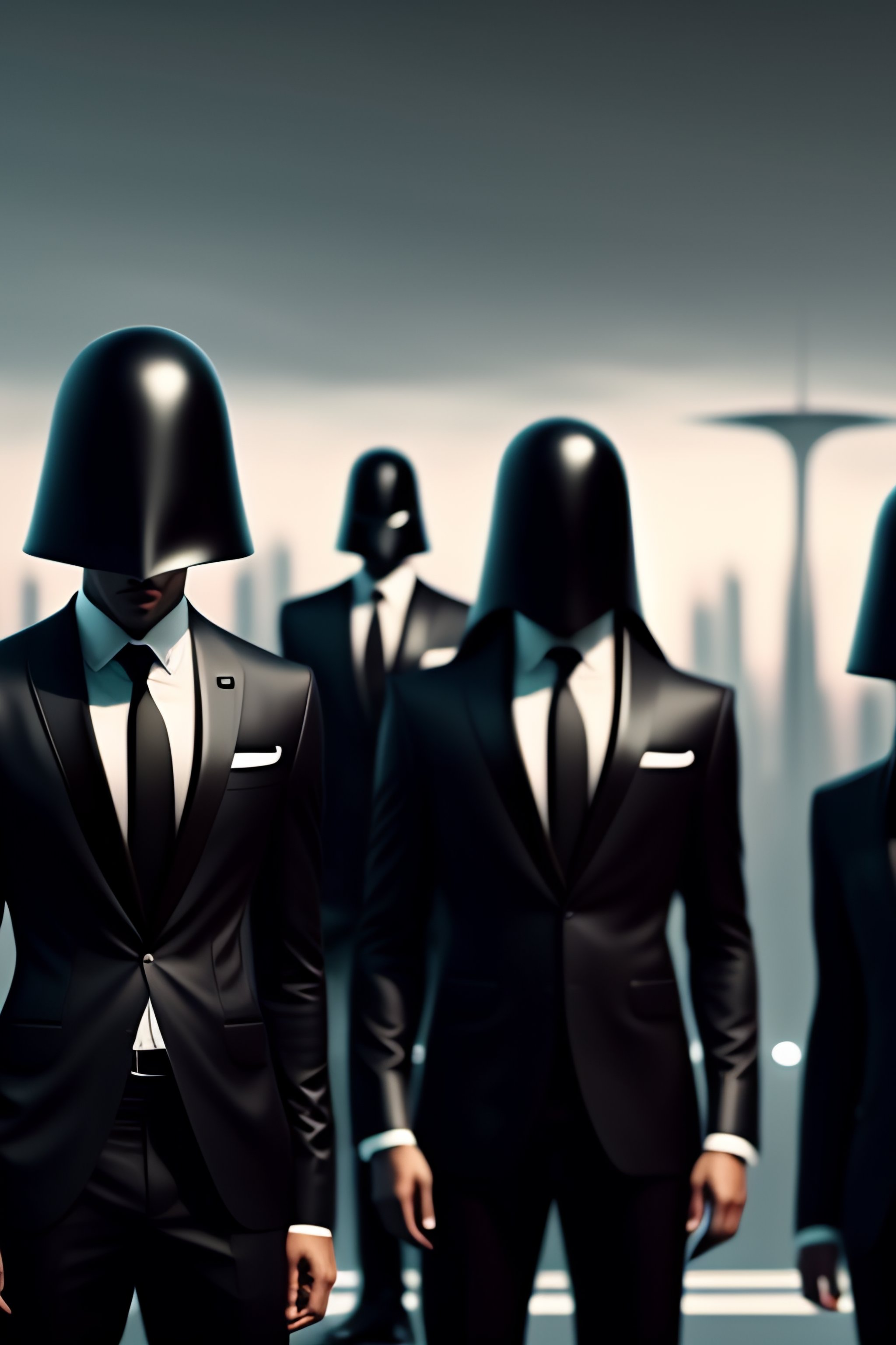 Lexica - A group of creepy creatures with no face wearing black suits ...