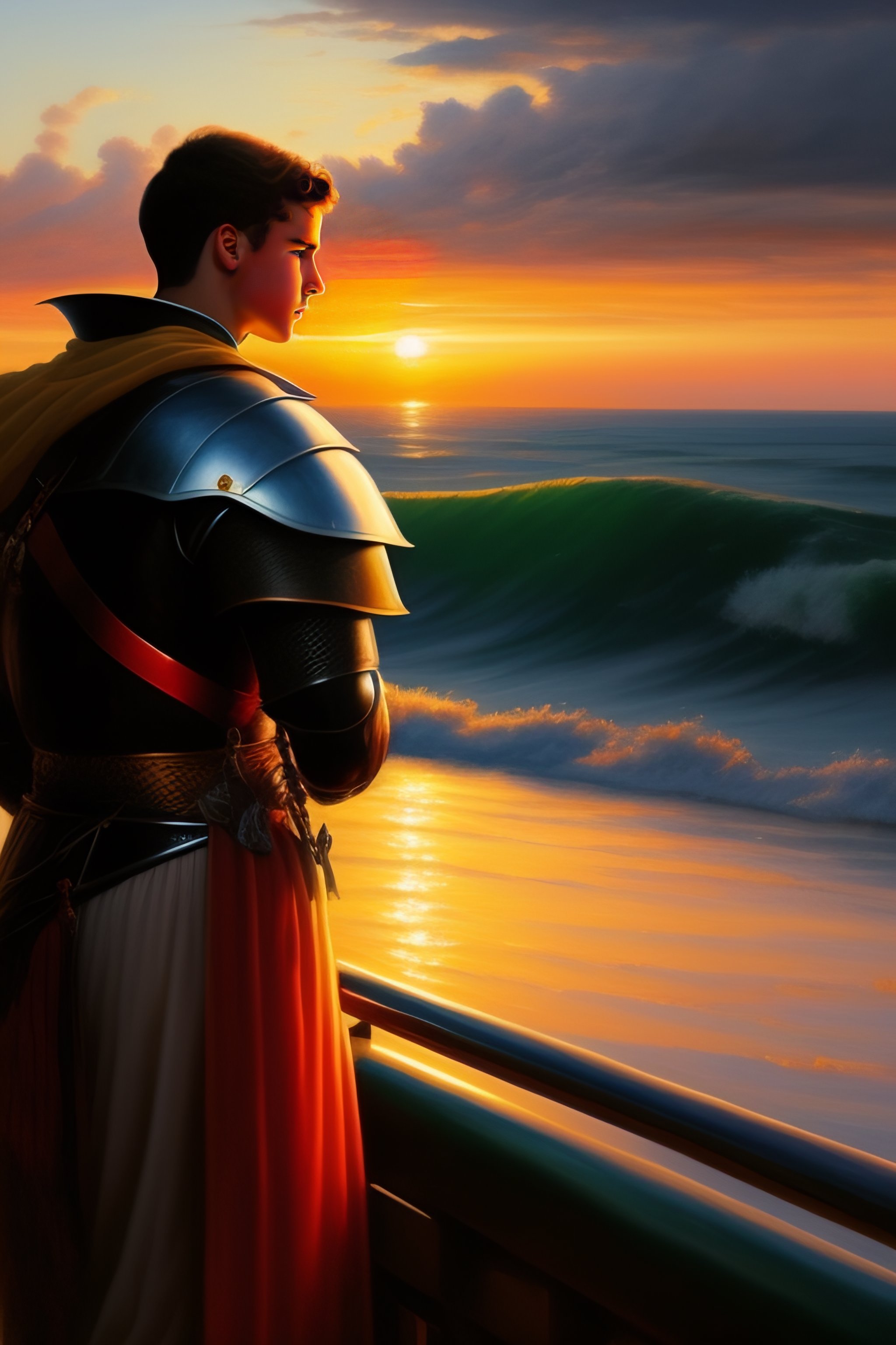 Lexica - Painting of a young knight sitting at the sea watching the sunrise