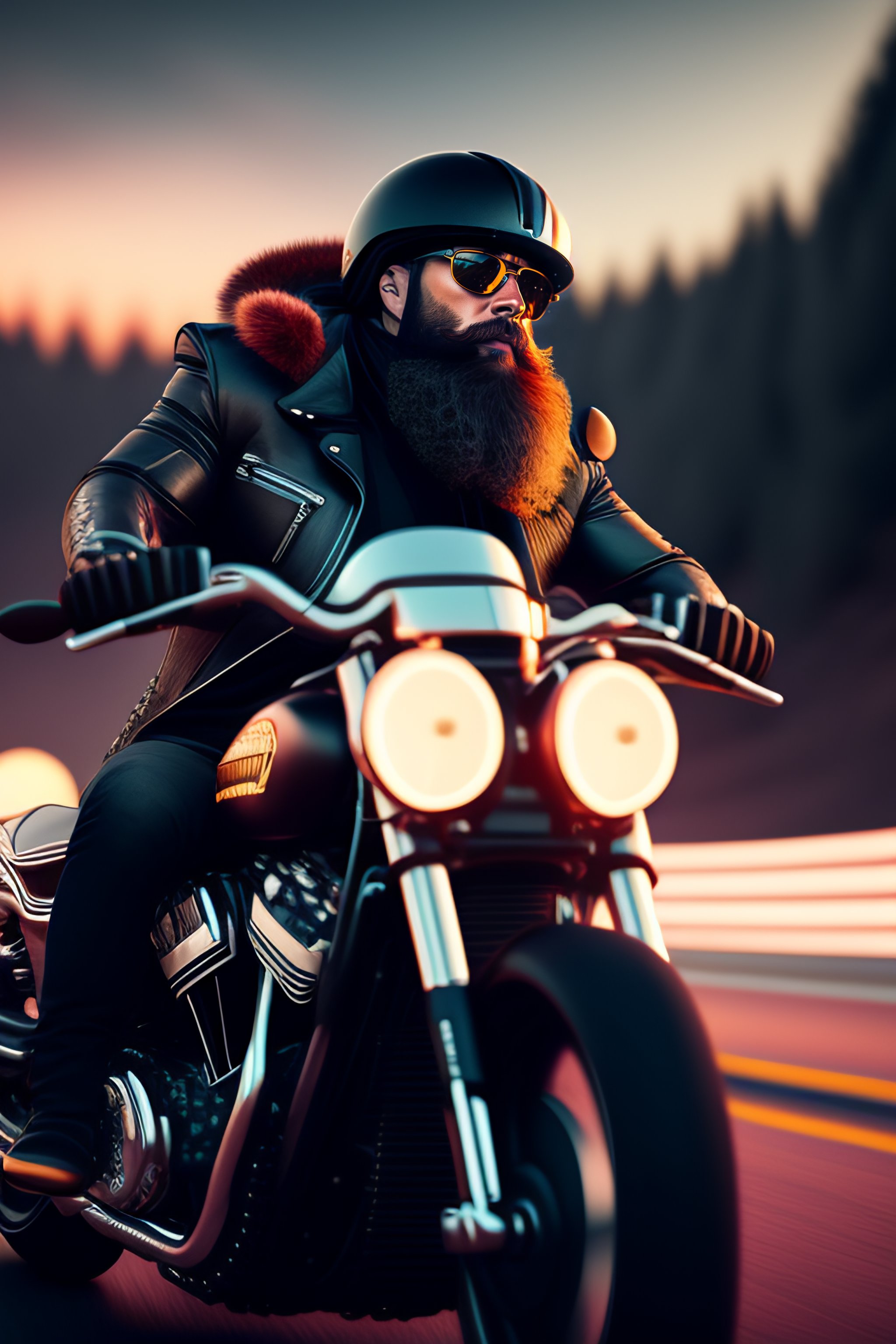 Lexica - Biker man with a beard on a big motorcycle riding on the road ...