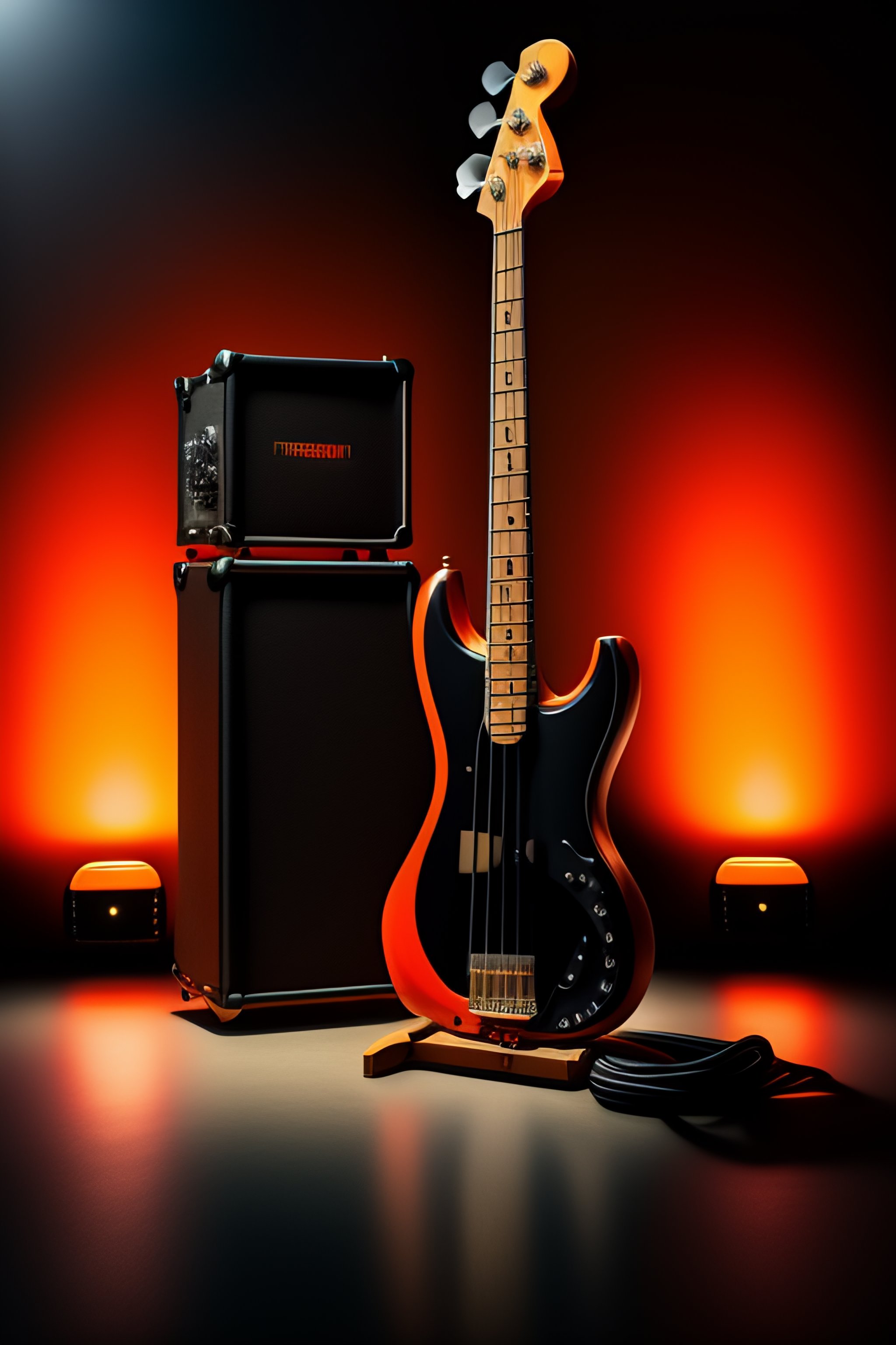 Lexica A Bass Guitar In A Stand Facing Right In Front Of An Orange Amplificator Hard Light