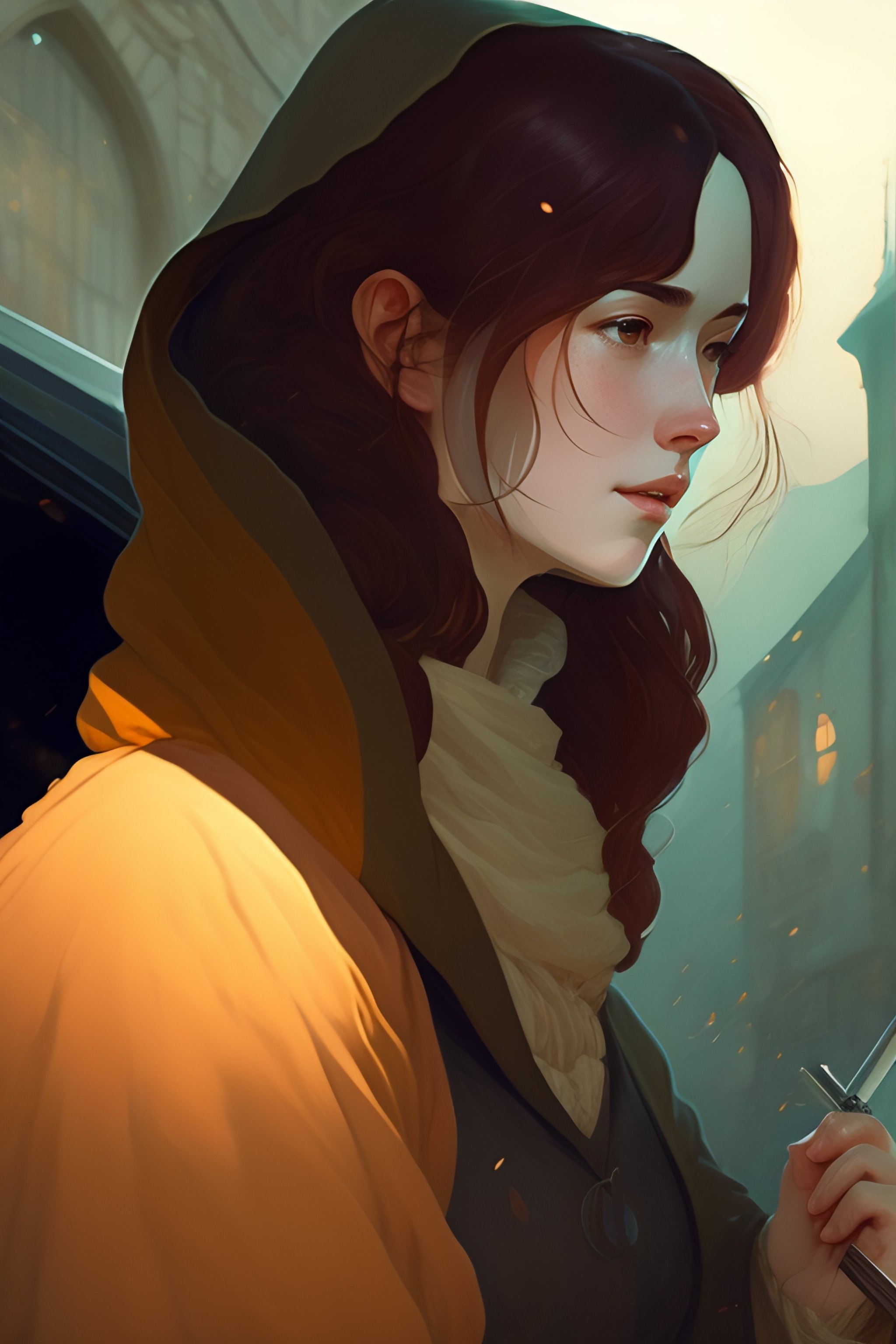 Lexica - (((((freckles))))) wearing a hood Victorian reporter writing ...