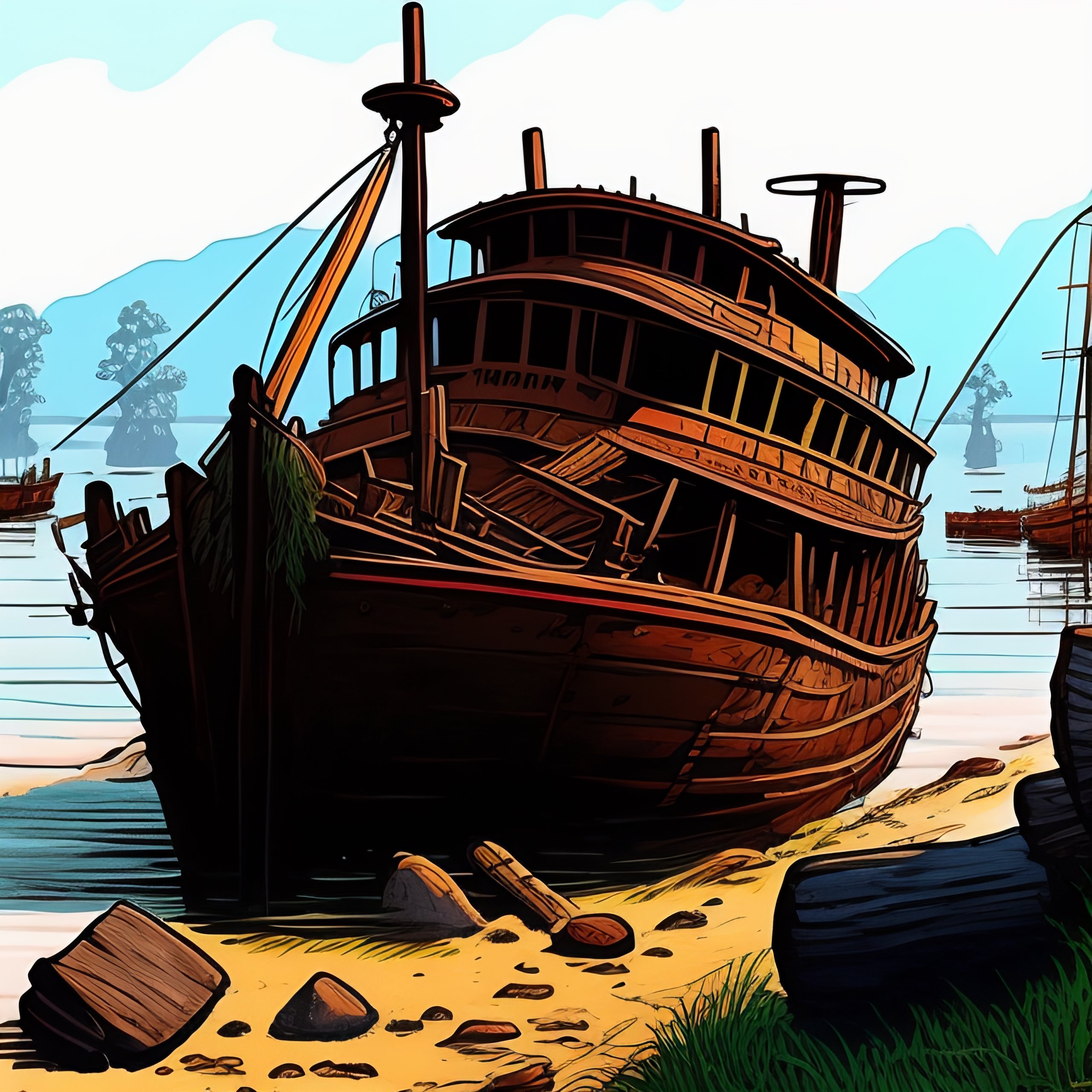 Lexica - Wreck of an abandoned broken wooden boat in a port in ruins ...