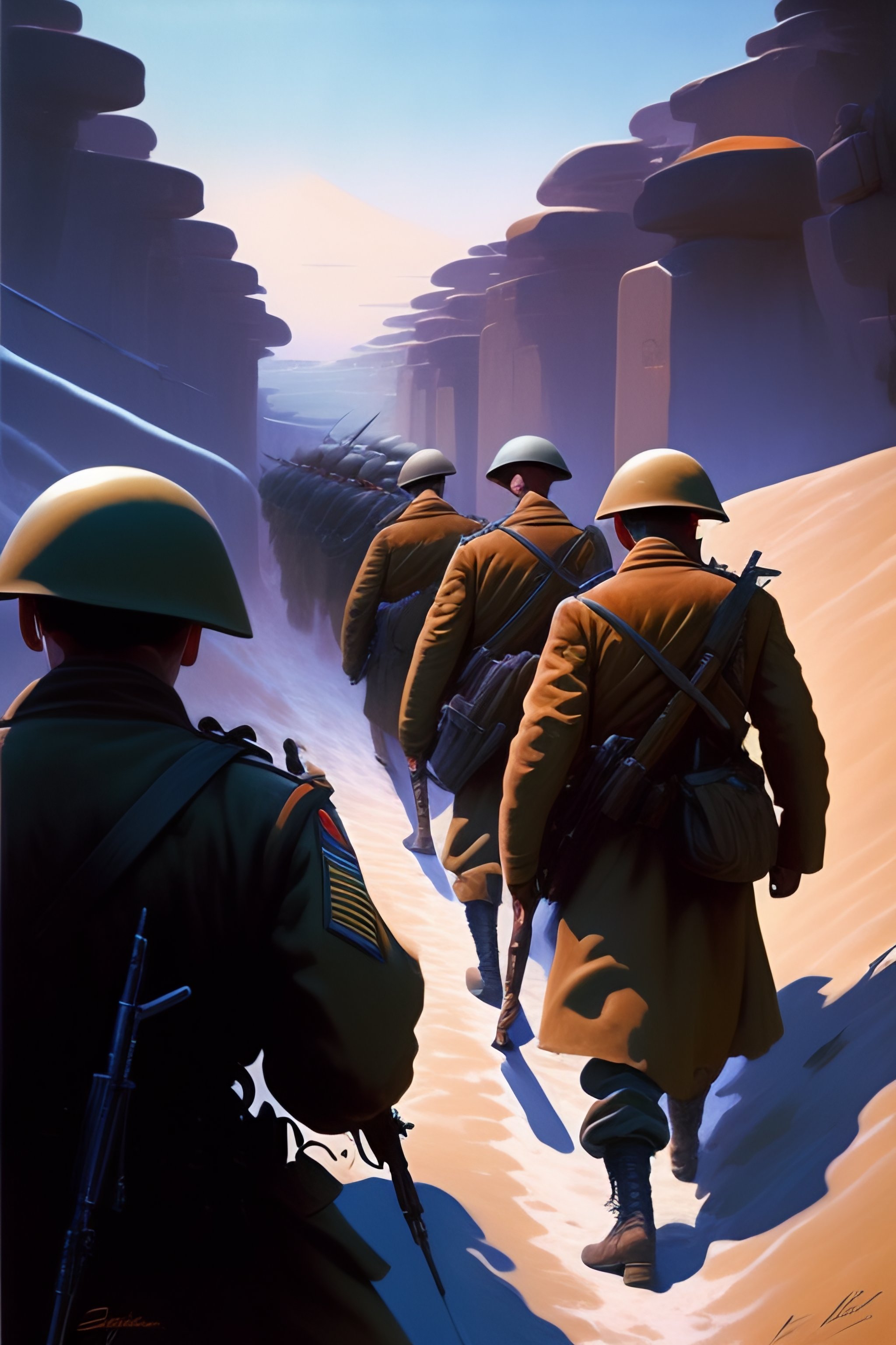 Lexica - "Soldiers in WWII trenches" by Syd Mead, cold color palette ...