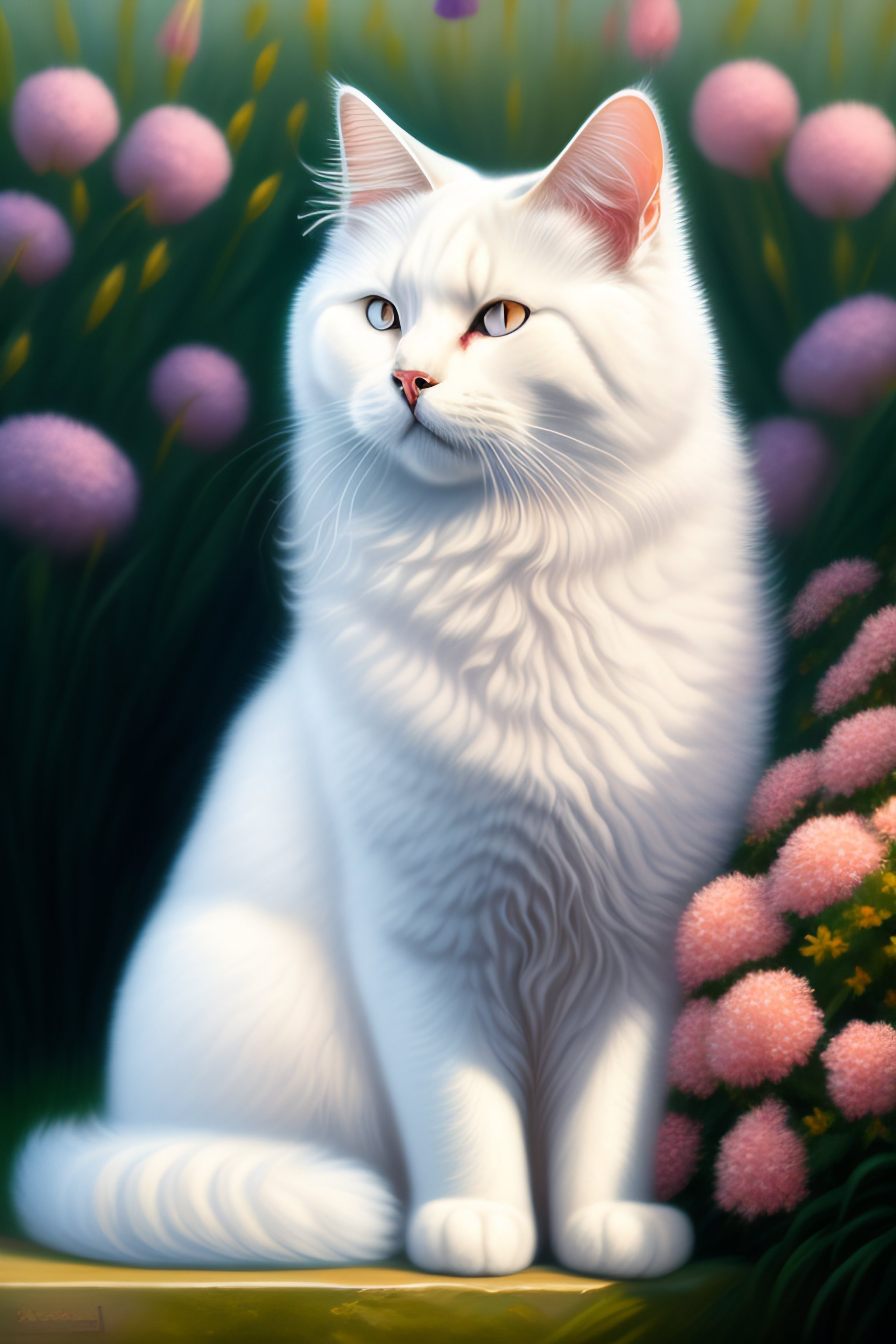 Lexica - A white fluffy cat with a blue collar sitting in a flowery ...