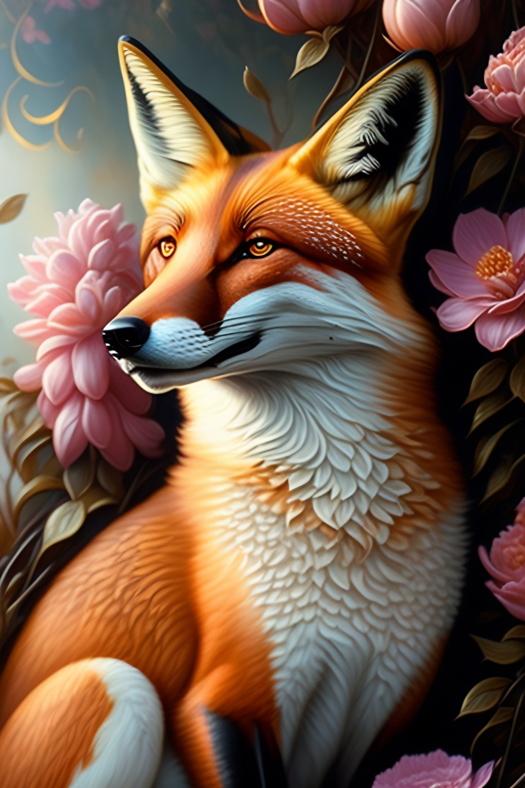 Lexica - Fox, ceramic tile art, depicting beautiful flowers, intricate ...