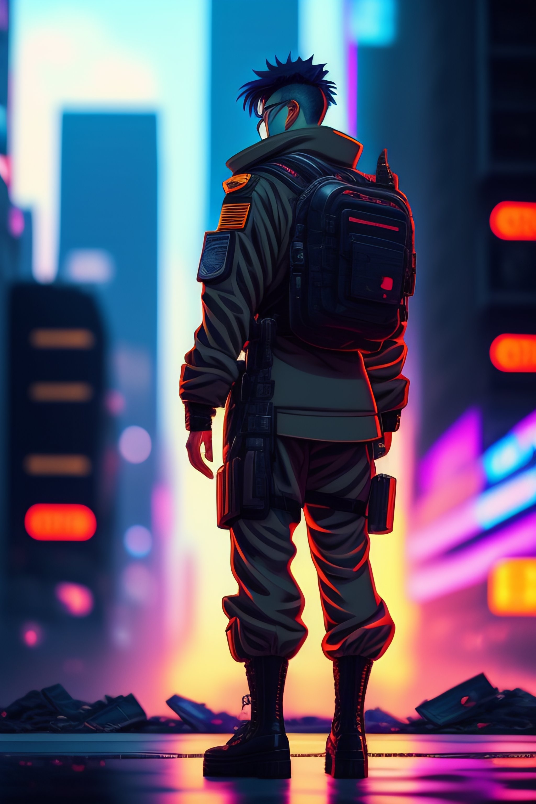 Lexica - Vintage 90's anime style. soldier in front of destroyed city ...