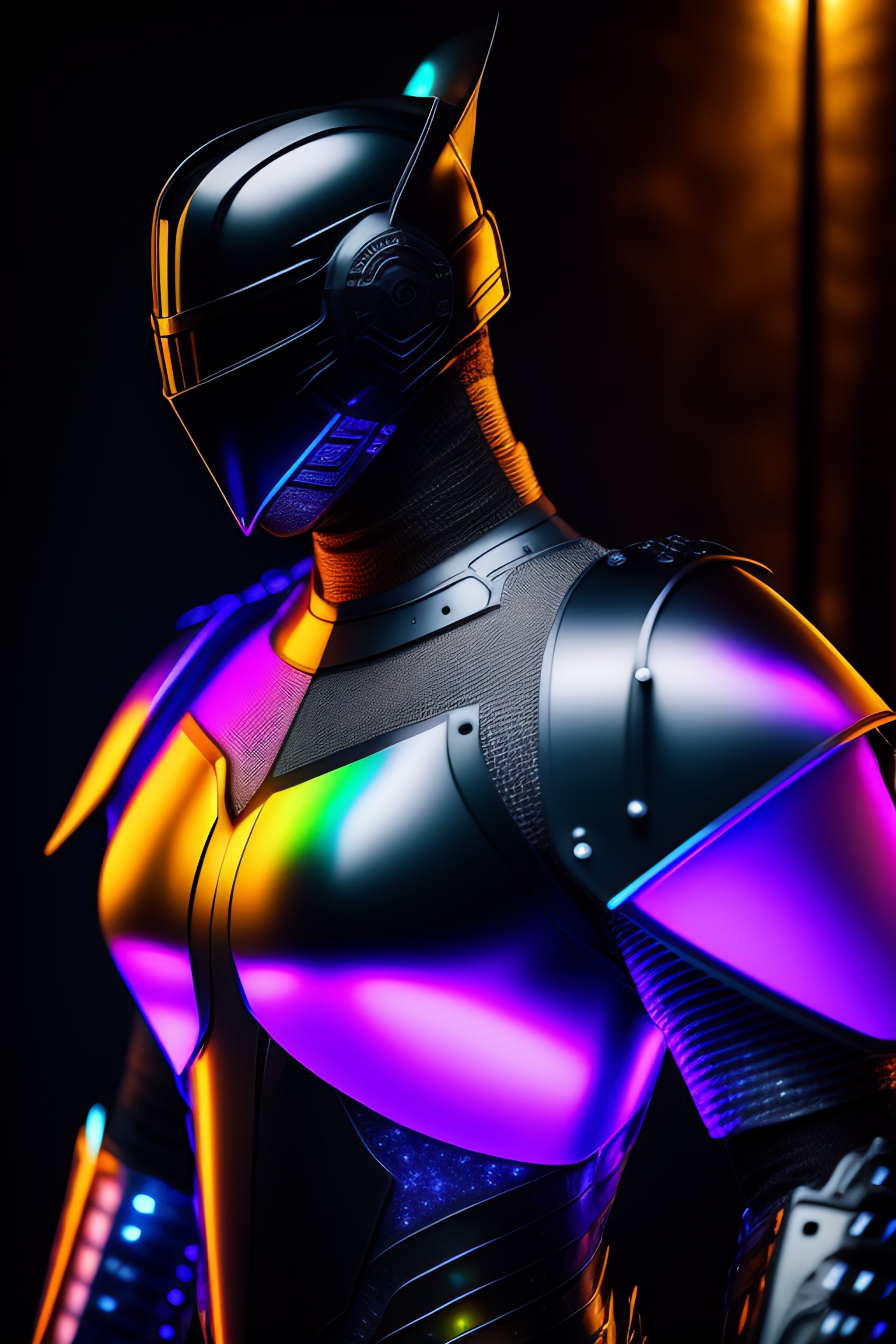 Lexica - A photograph of a cyberpunk armour made of black titanium and ...