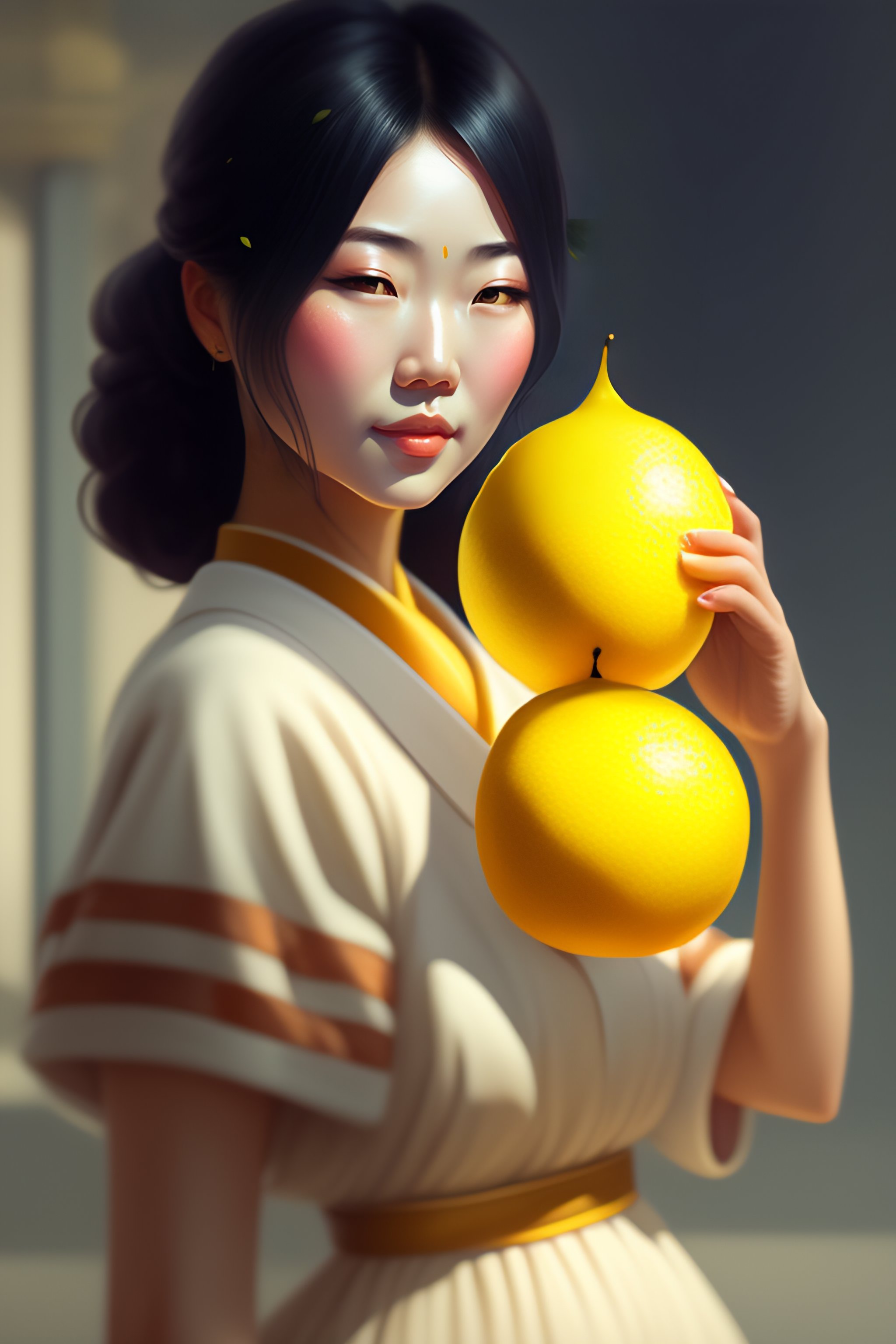 Lexica - Japanese woman holding a small lemon, lemons everywhere, highly detailed, digital ...