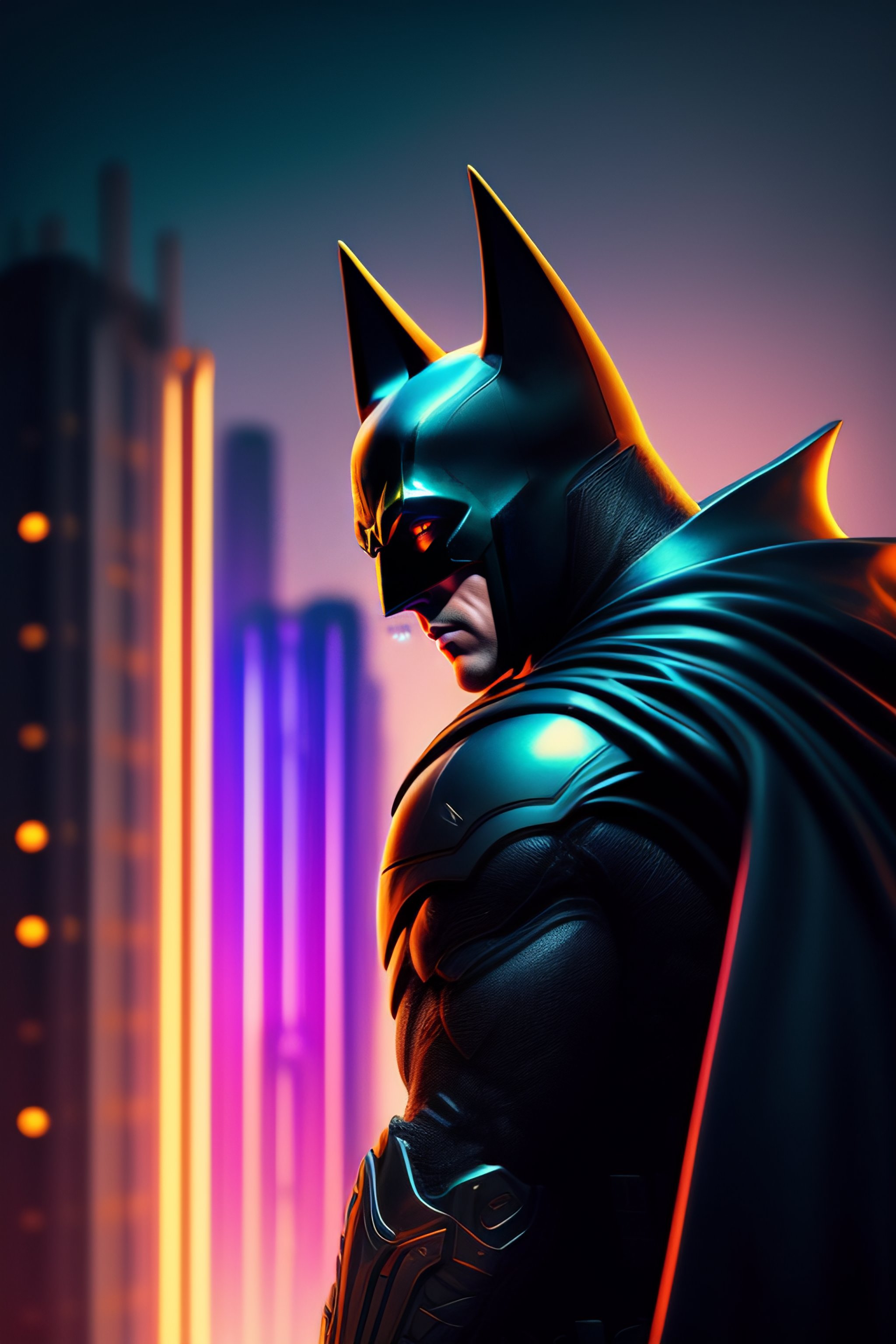 Lexica - A futuristic batman sitting on a roof looking down at a neon ...