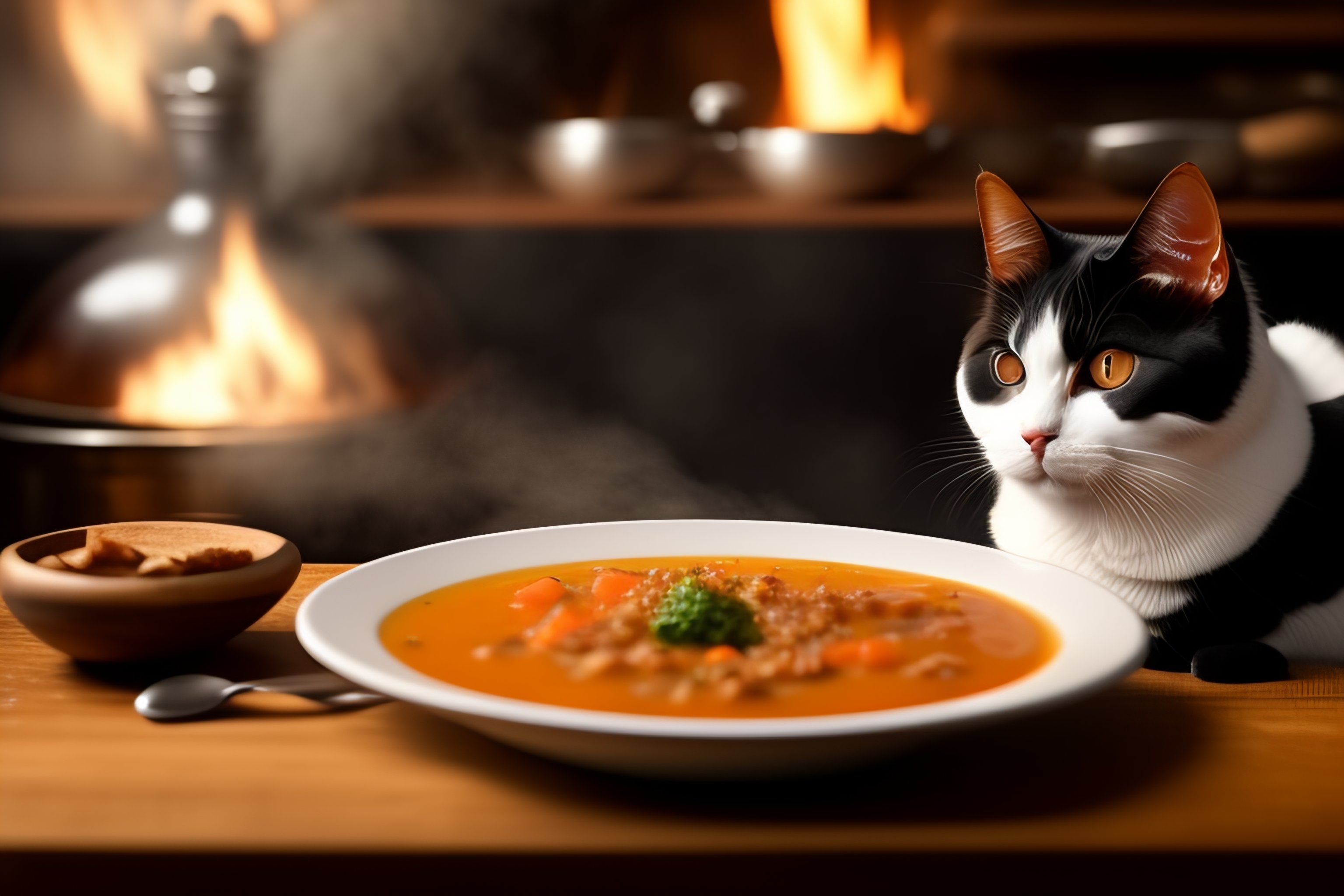 Lexica - A cute calico cat cooking soup at a French restaurant