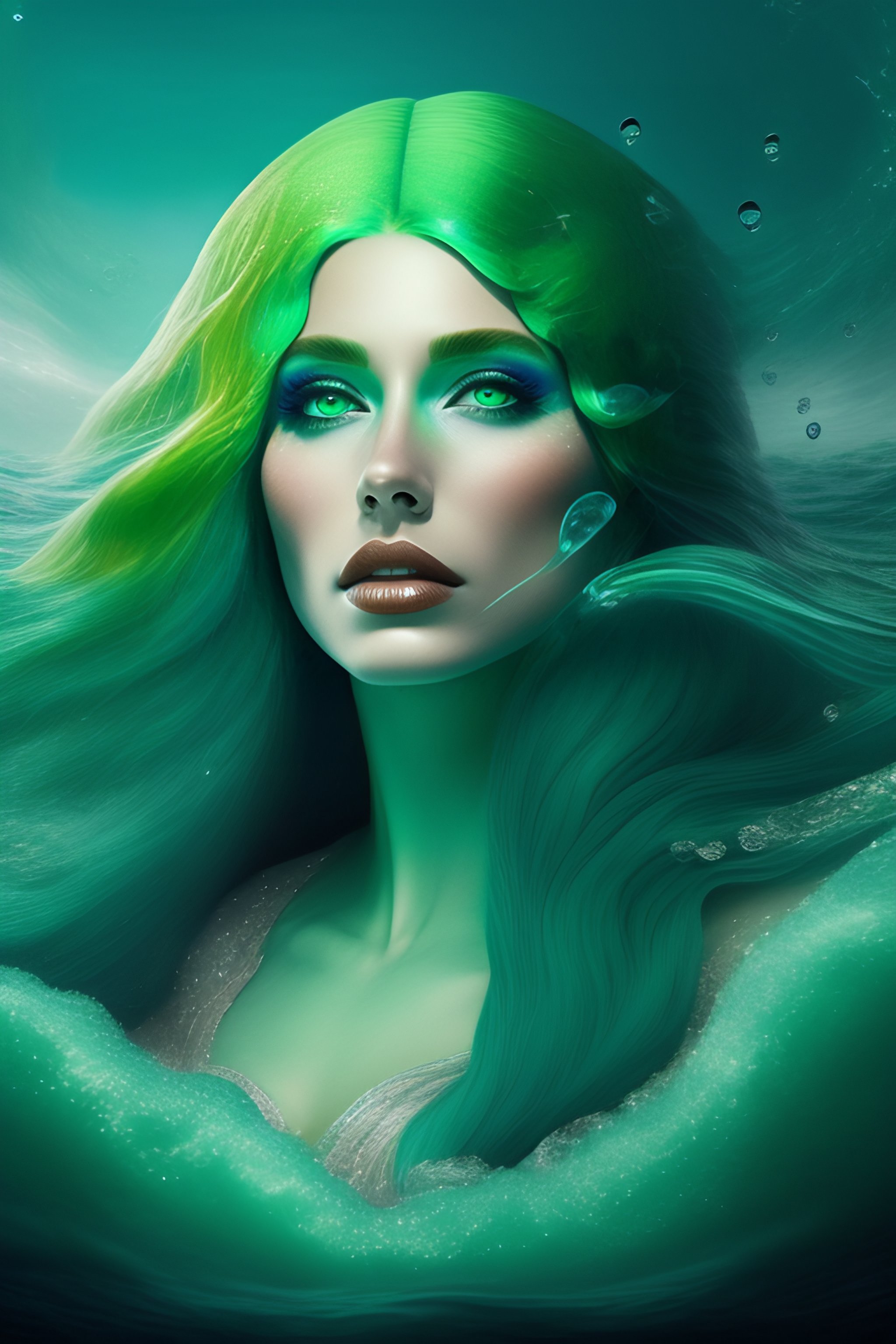 Lexica - Fish-like Mermaid with green hair emerging from the ocean ...